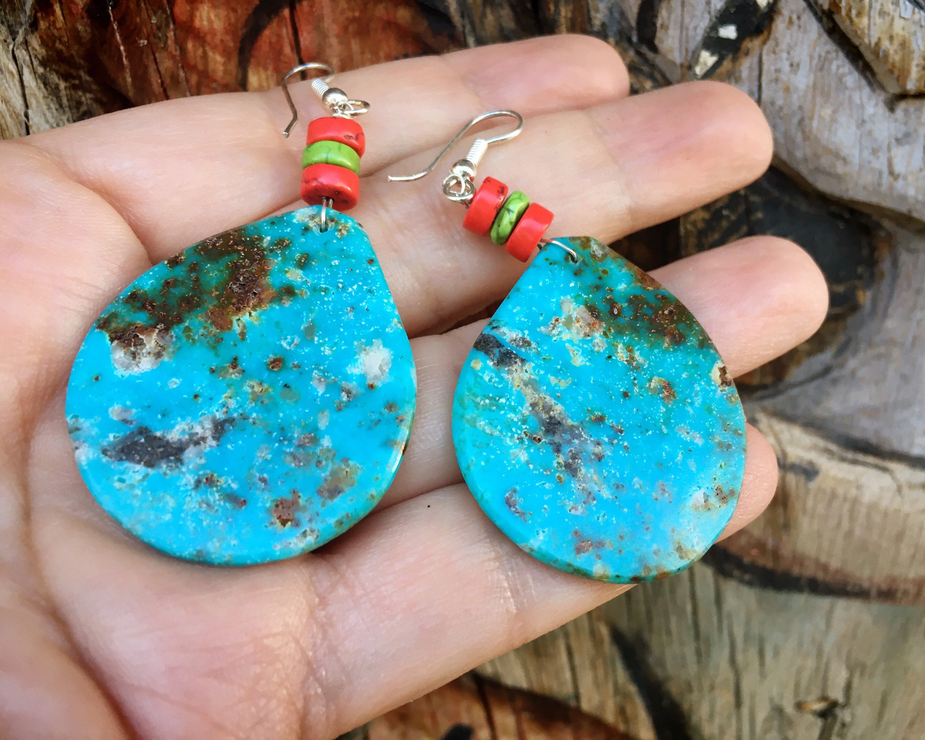 Big Turquoise Slab Earrings with Spiny Oyster Beads, Santo Domingo ...