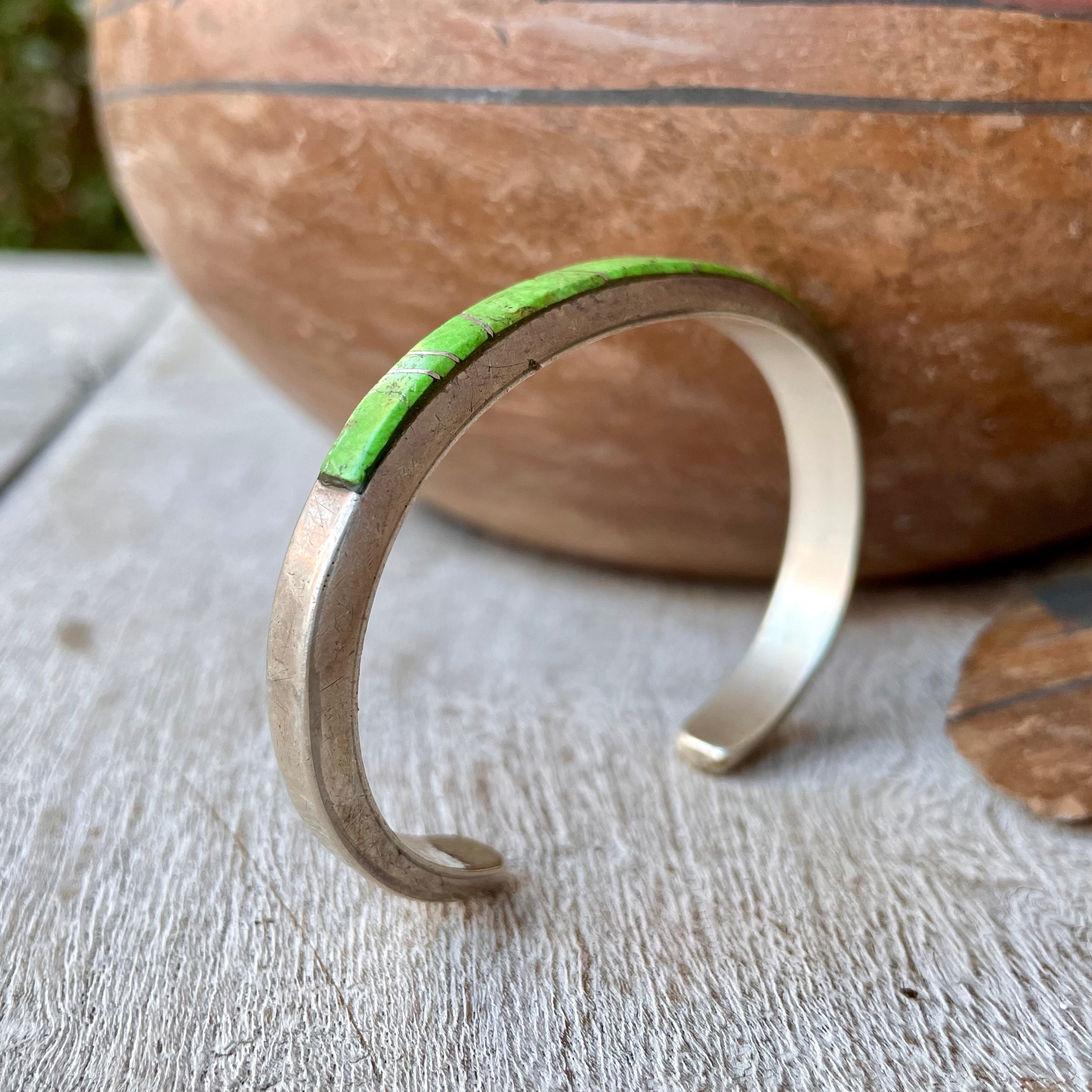 Vintage Green Gaspeite Sterling Silver Inlay Cuff Bracelet Size 6.75 by ...