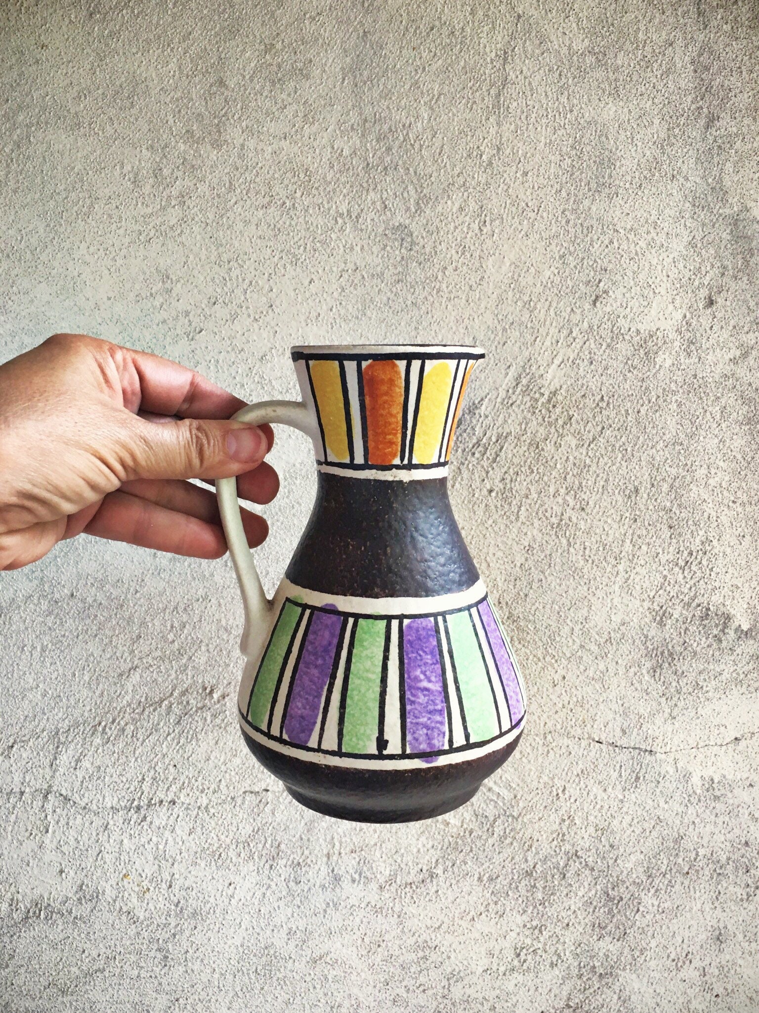 West German Pottery Vase Black White Colorful Jasba Ceramic Pottery Pitcher