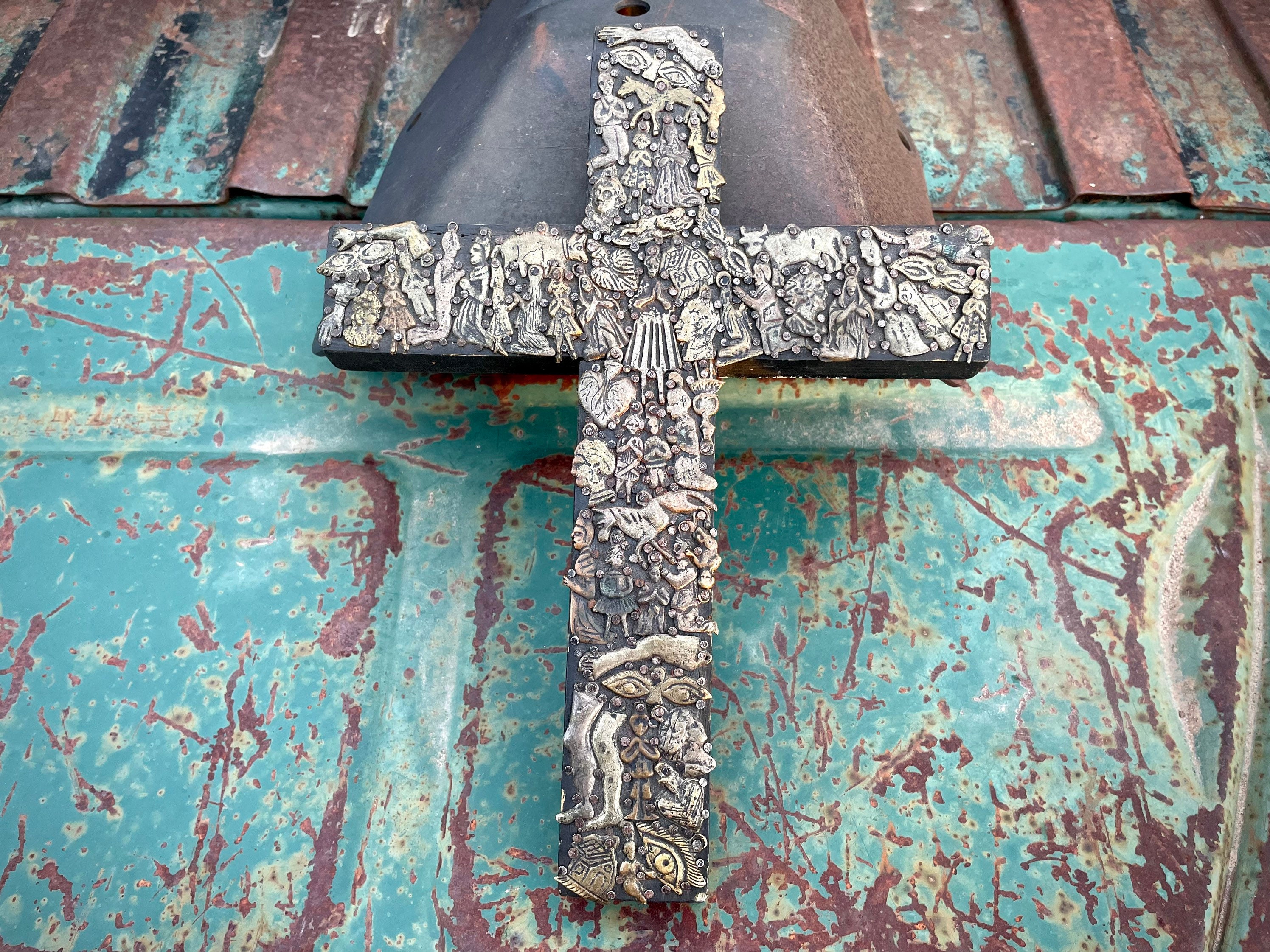 1970s Mexican Milagro Wall Cross with Miracle Charms Amulets, Lucky ...