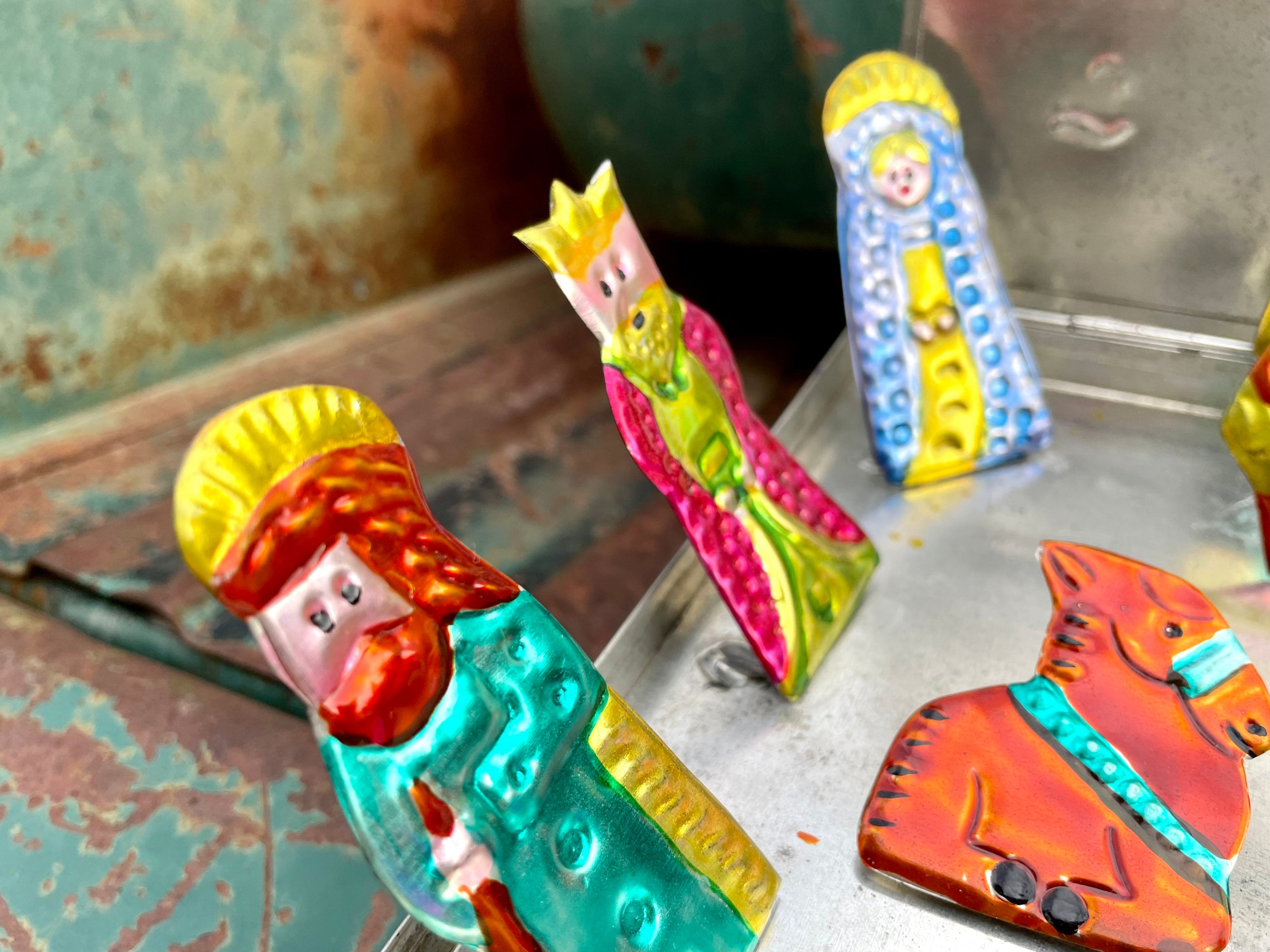 Vintage Folding Mexican Tin Nativity in Box Set (Distressed with ...