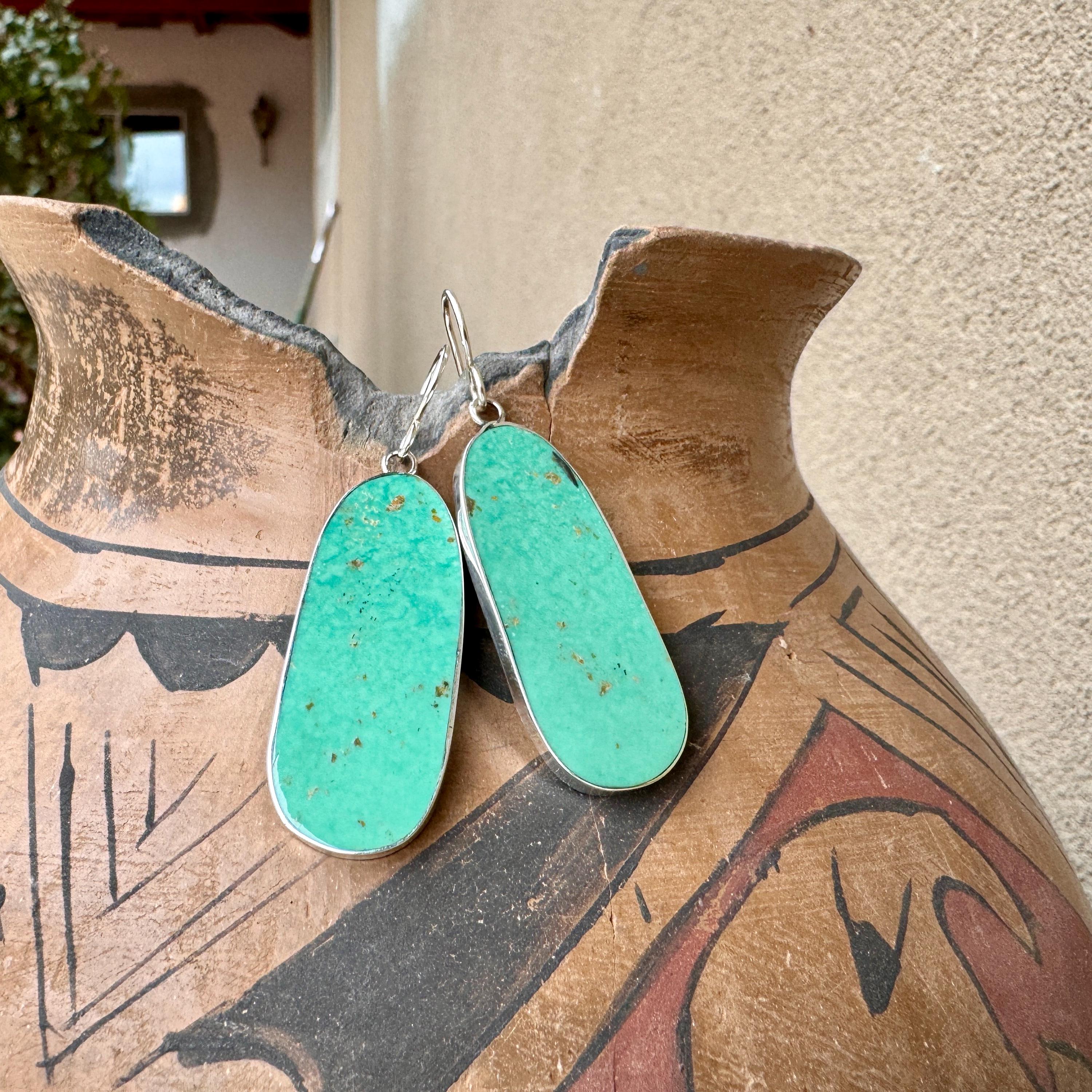 Slab Turquoise Earrings with Thin Silver Wire Frame, Santo Domingo ...