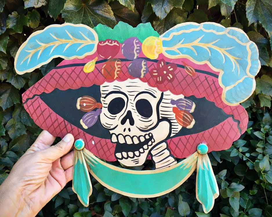 Large Vintage Painted Tin Catrina with Hat Wall Hanging Day of Dead ...
