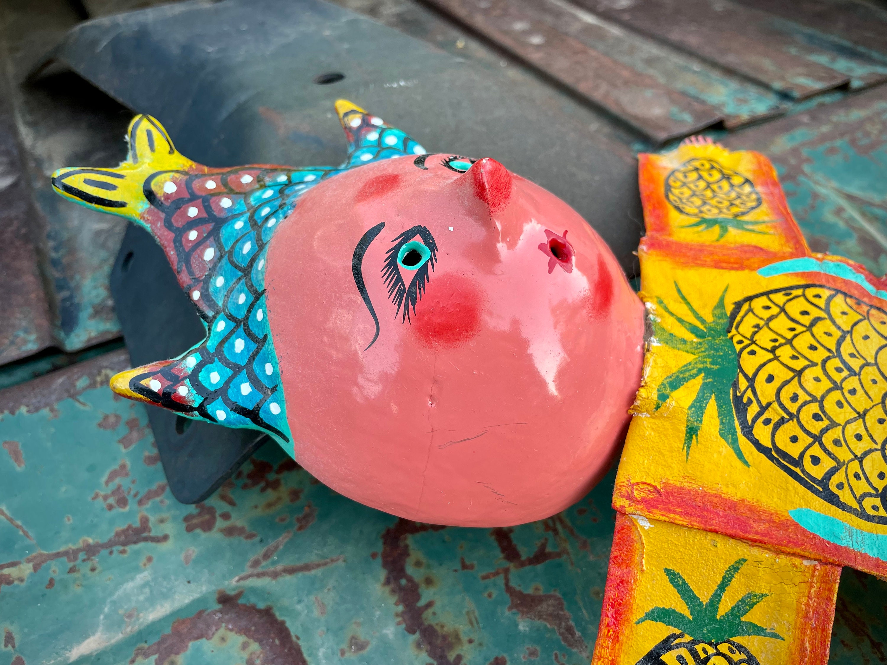 Vintage Mexican Folk Art Fish Head Lady Coconut Shell Wall Hanging with ...