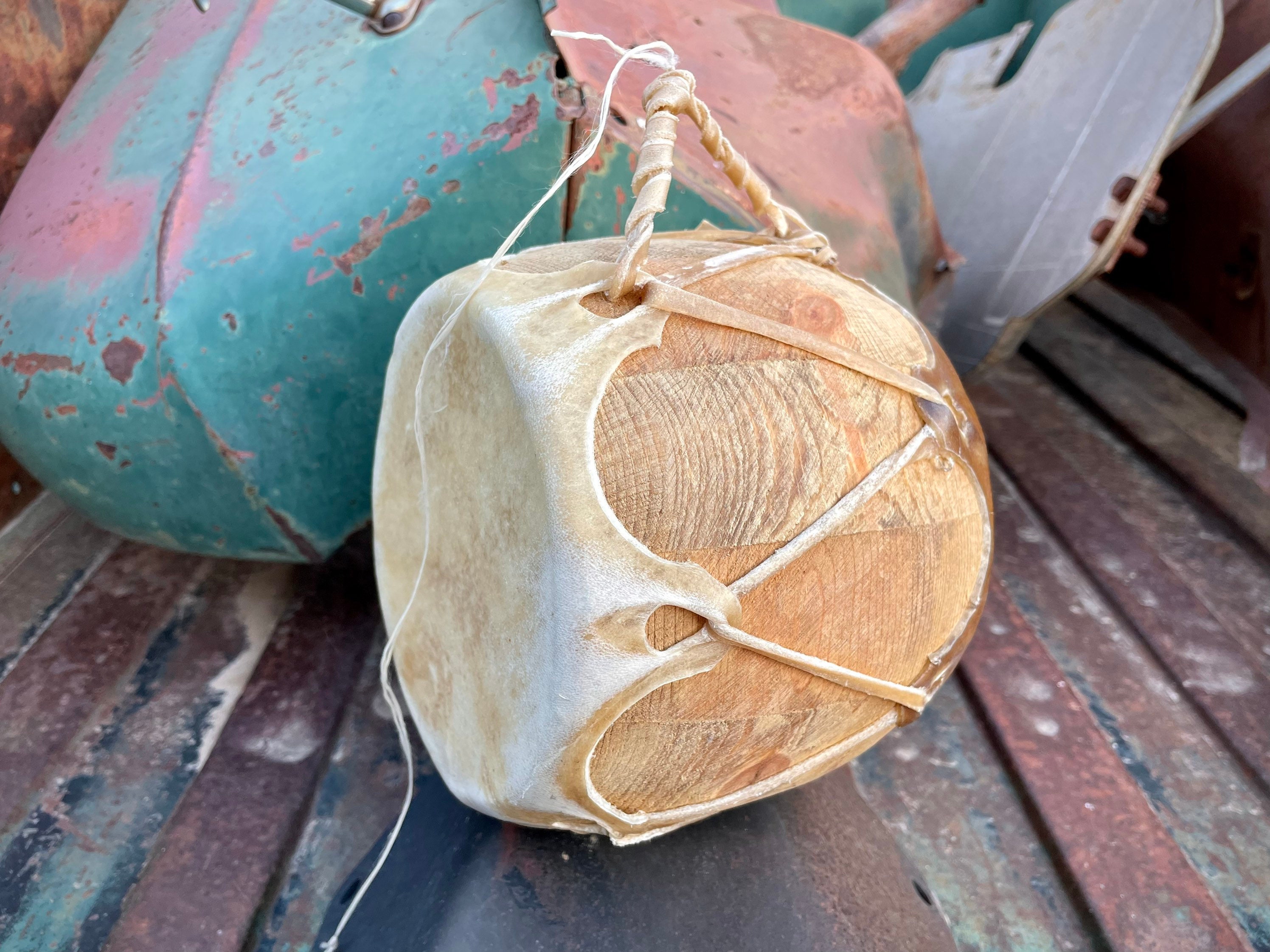 Vintage Native American Indian Log Drum with Hide Top Tether Handle and ...