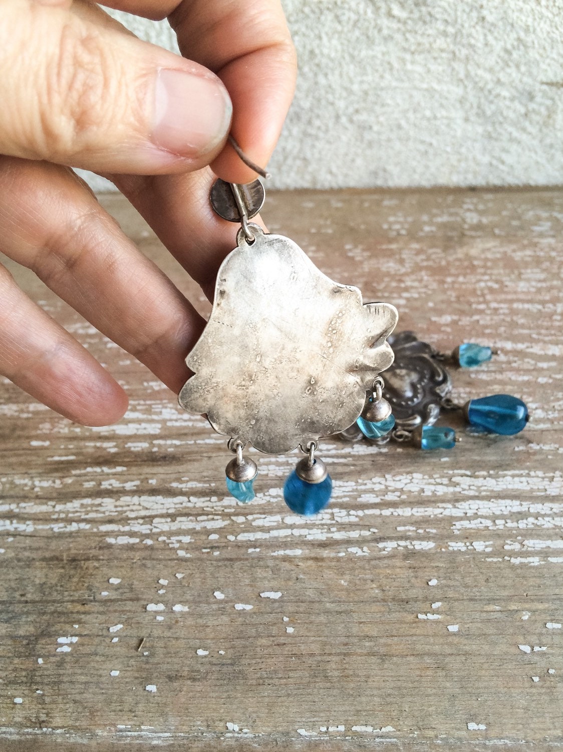 Large vintage Ecuador coin silver earrings with blue glass beads ...