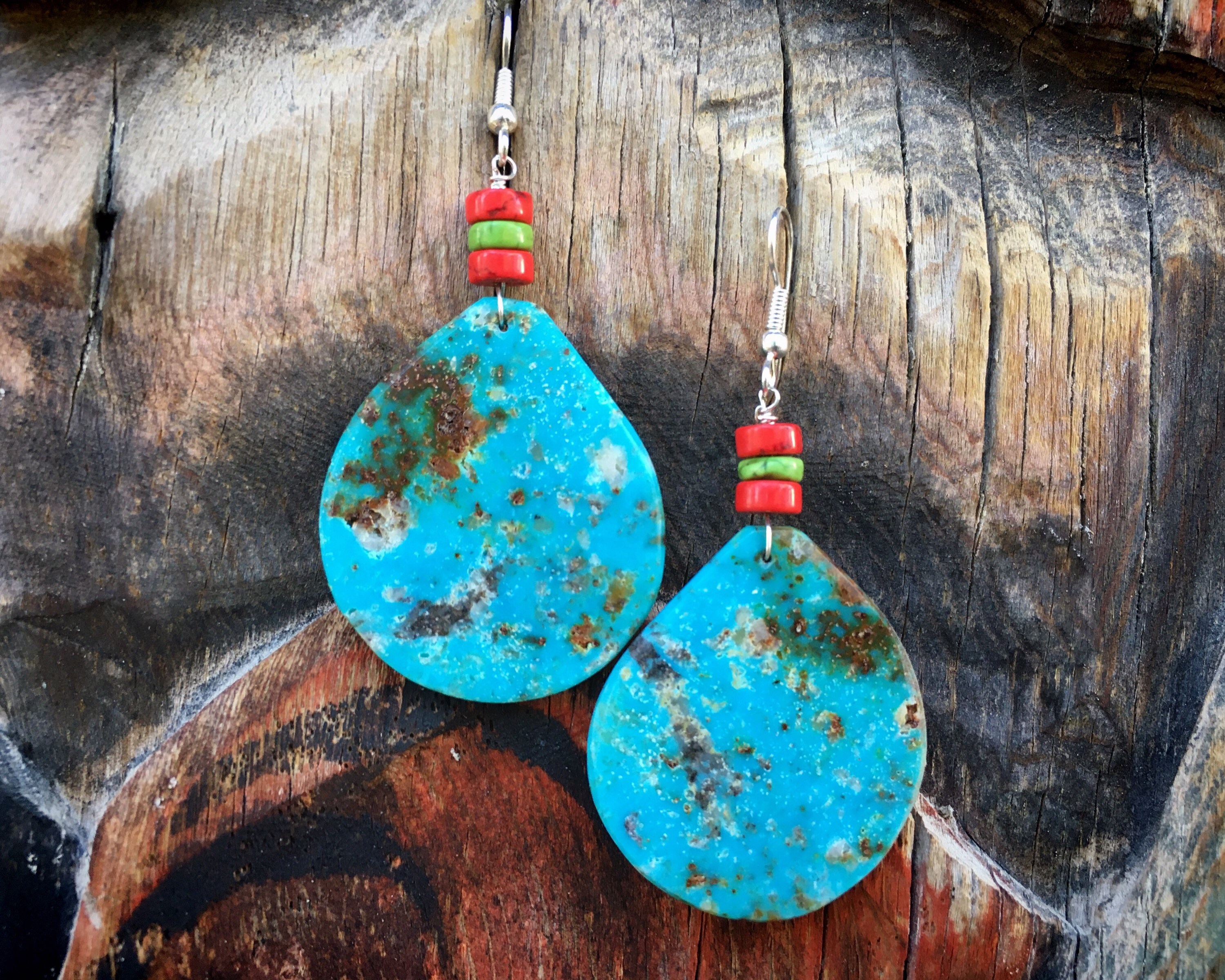 Big Turquoise Slab Earrings with Spiny Oyster Beads, Santo Domingo ...