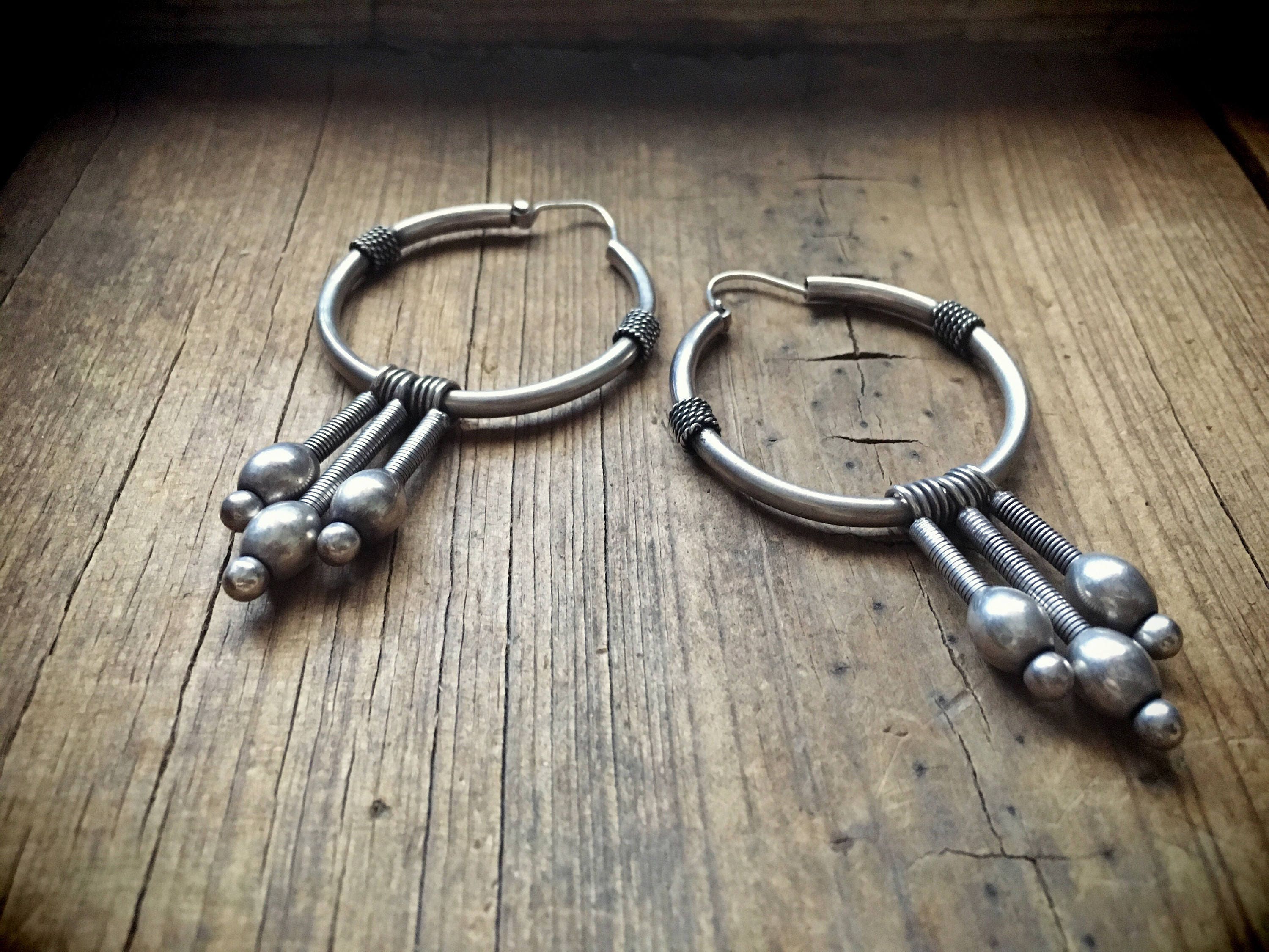 Vintage sterling silver tribal earrings gypsy hoop earrings with ...