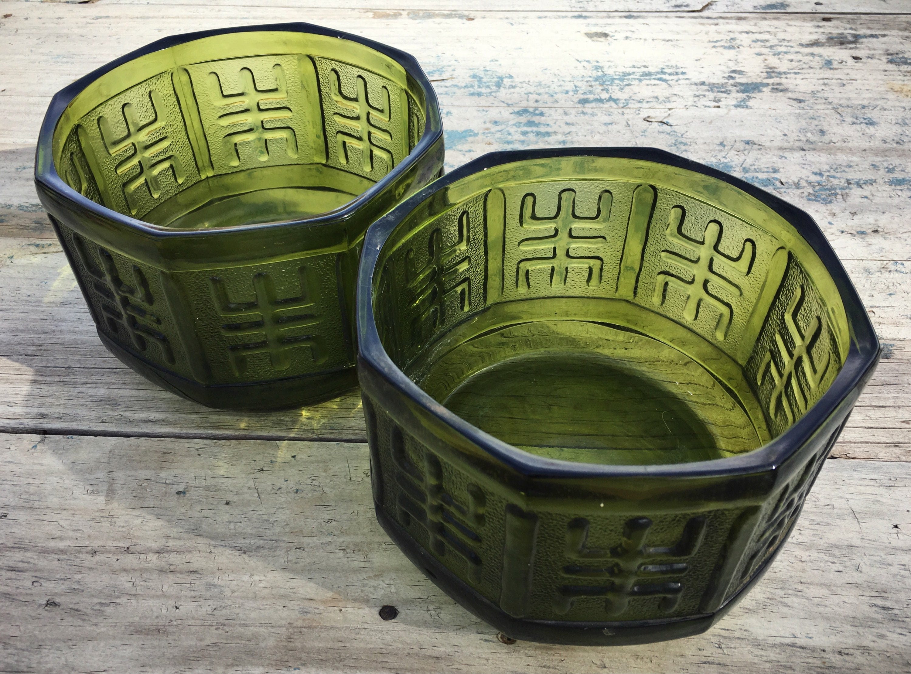 Two Pressed Green Glass Planters Chinoiserie Decor, Patio Decor ...