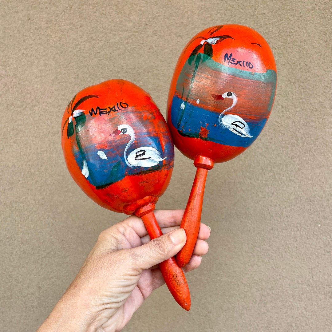Vintage Pair of Maracas Mexican Souvenirs, Orange-red W/ Blue Rattles ...