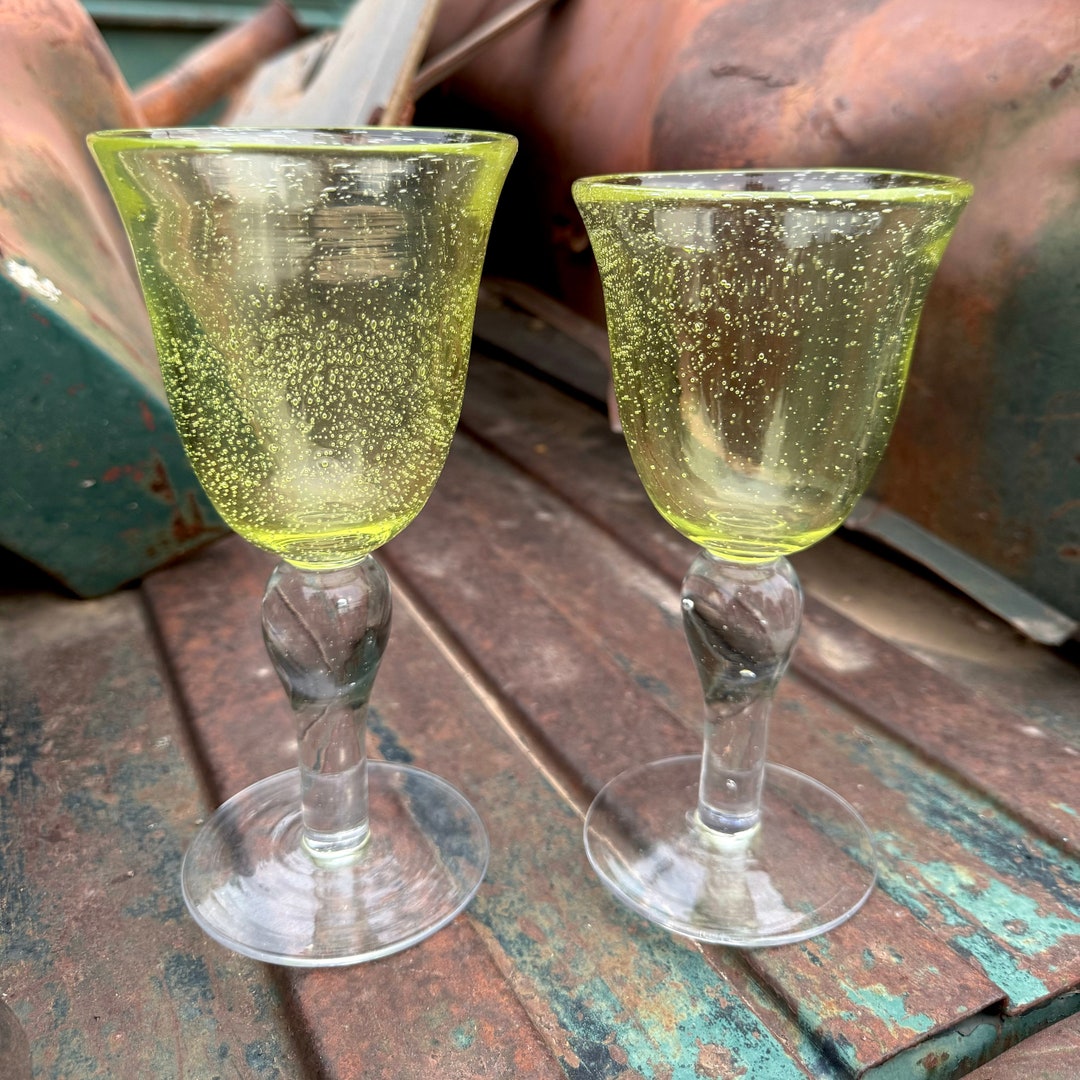 Pair Vintage Hand-blown Glass Goblets Yellow Bubbles With Clear Stems ...