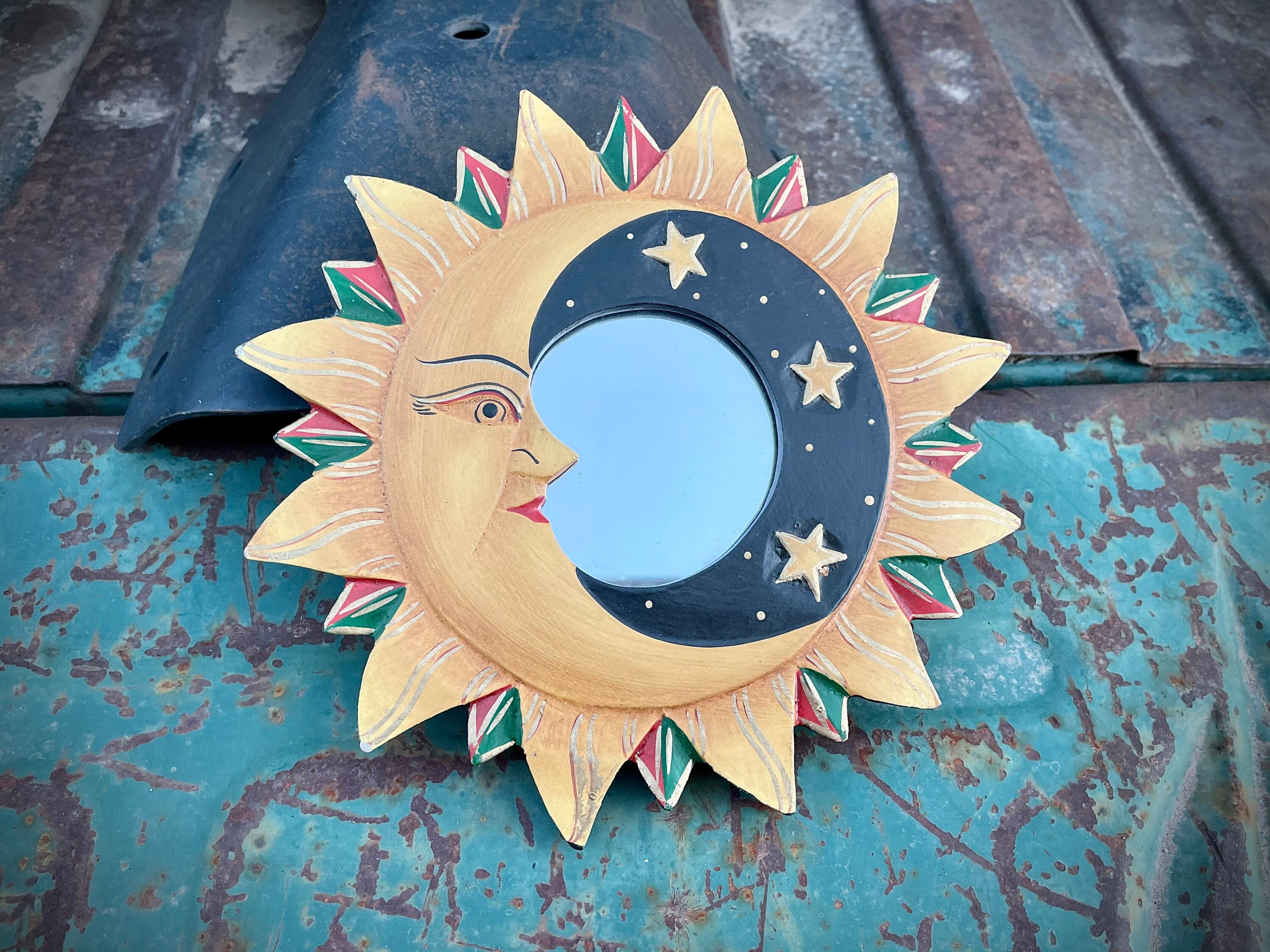 Small Vintage Painted Wood Sun and Moon Small Space Wall Mirror from ...