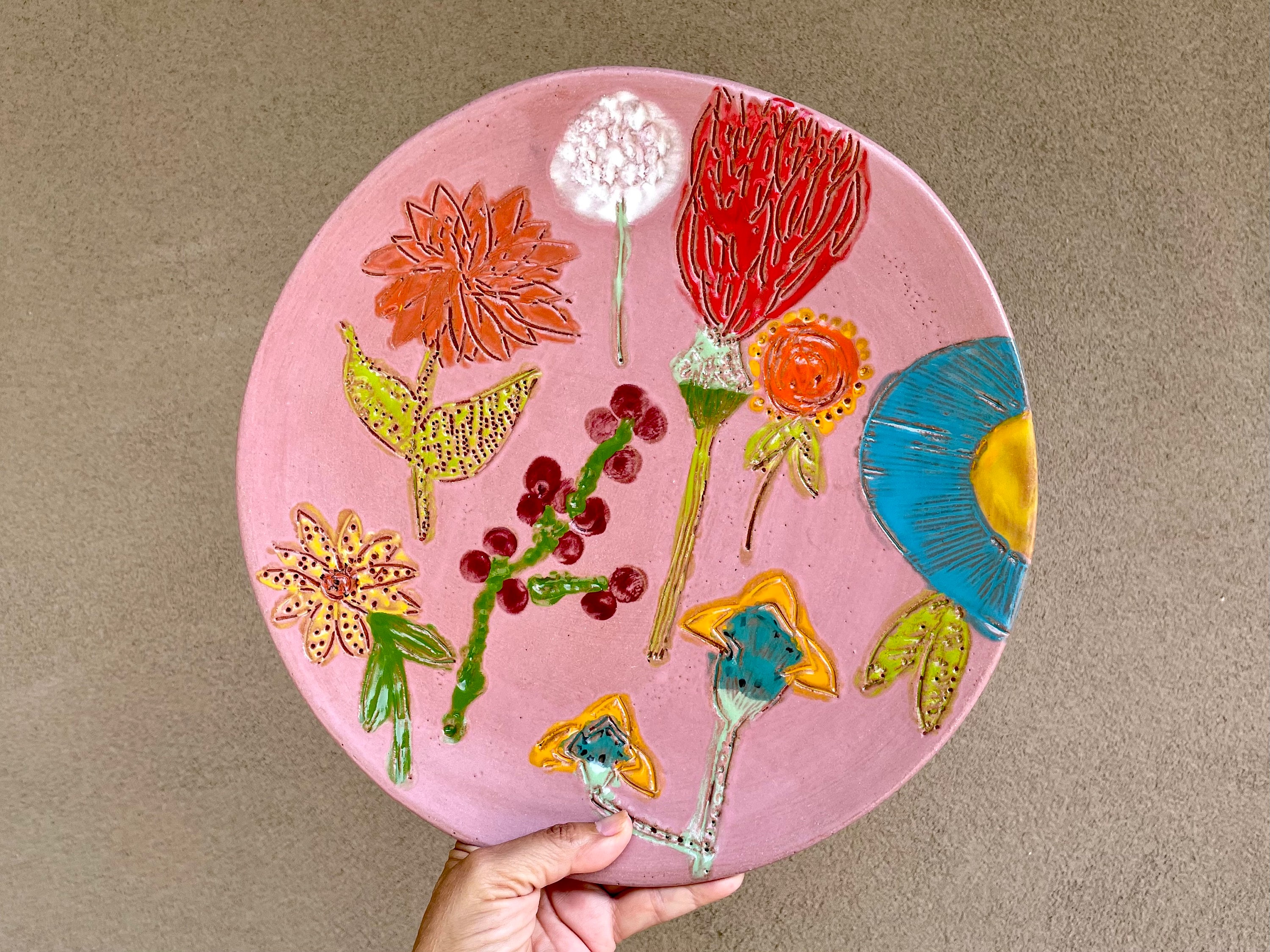 Vintage Large and Heavy Art Studio Plate with Sgraffito Floral Design ...