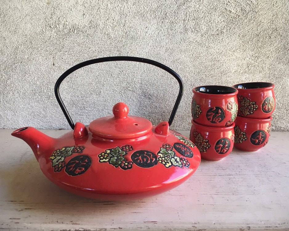 Vintage Red Black Tea Pot Decorative Asia Tea Set, Chinoiserie Decor ...