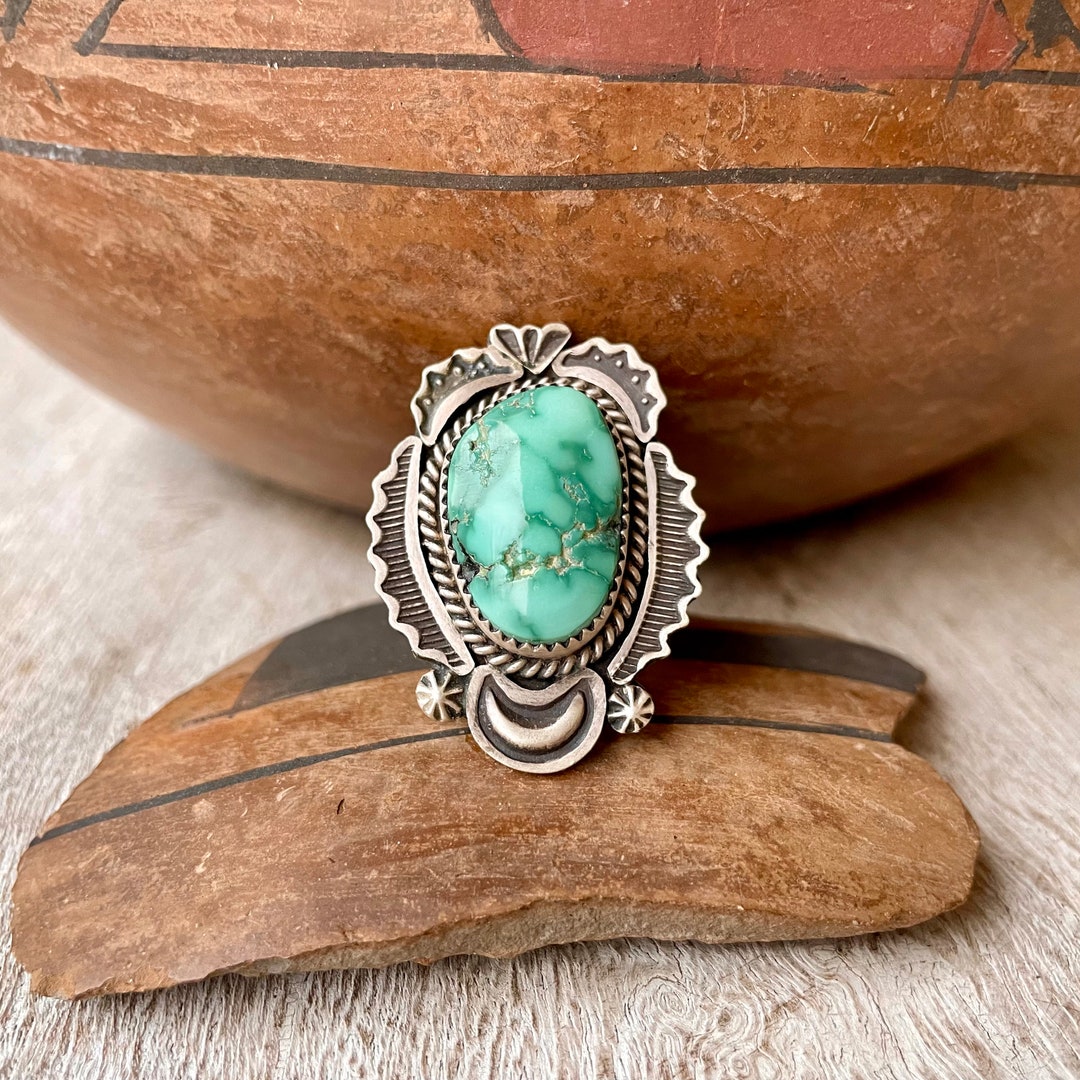 Vintage Navajo Harold Joe Carico Lake Turquoise Ring Size 7.75, Brushed ...
