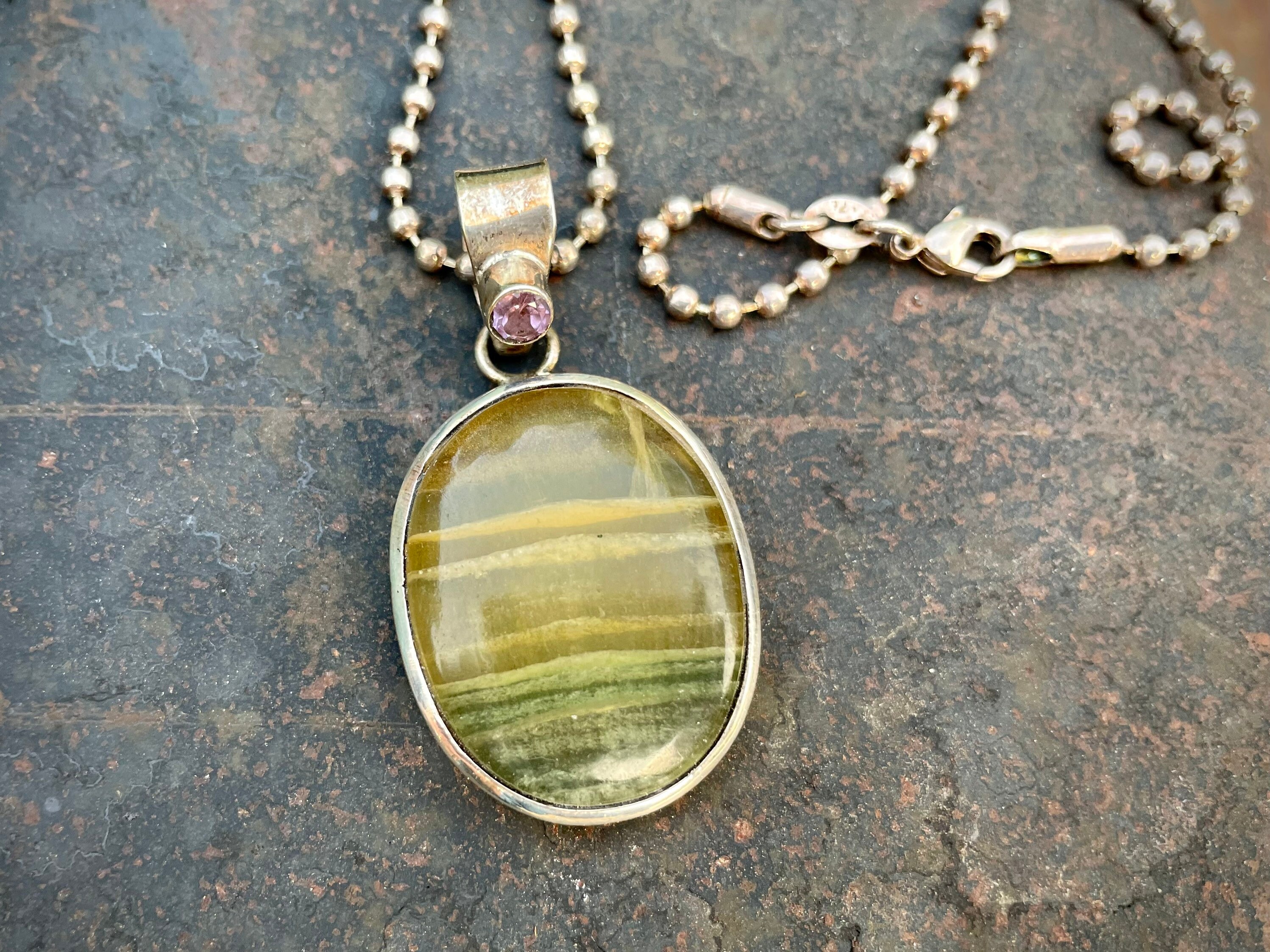Vintage Bezel Set Striated Agate and Amethyst Sterling Silver Pendant ...