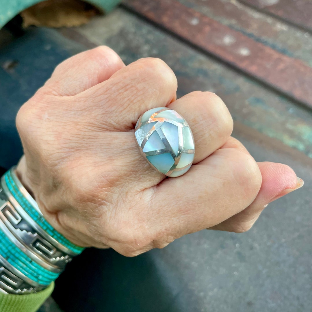 Vintage Mother of Pearl Channel Inlay Domed Ring Size 9-10, Sterling ...