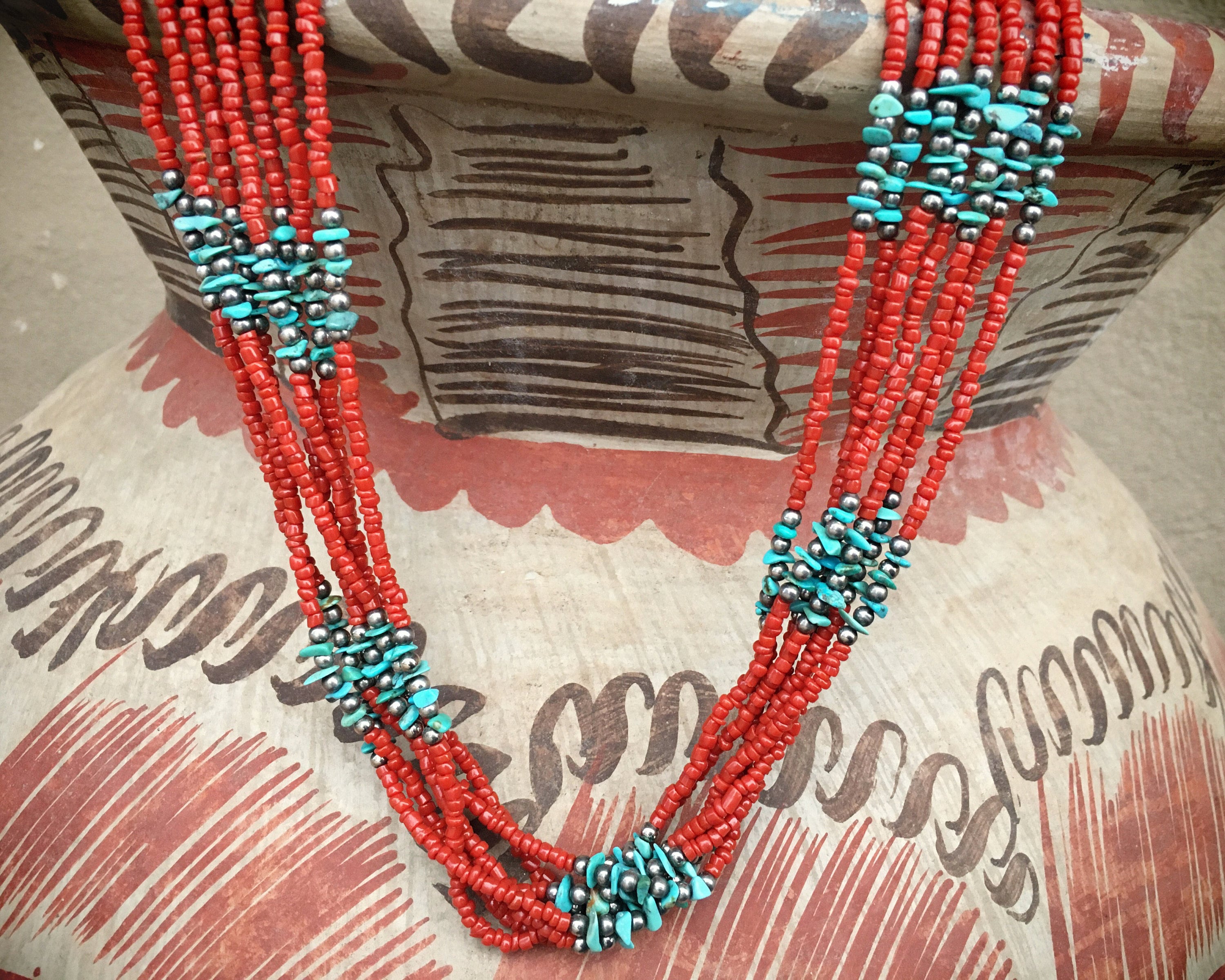 Vintage 7 Strand Coral Bead And Turquoise Chip Necklace Southwestern