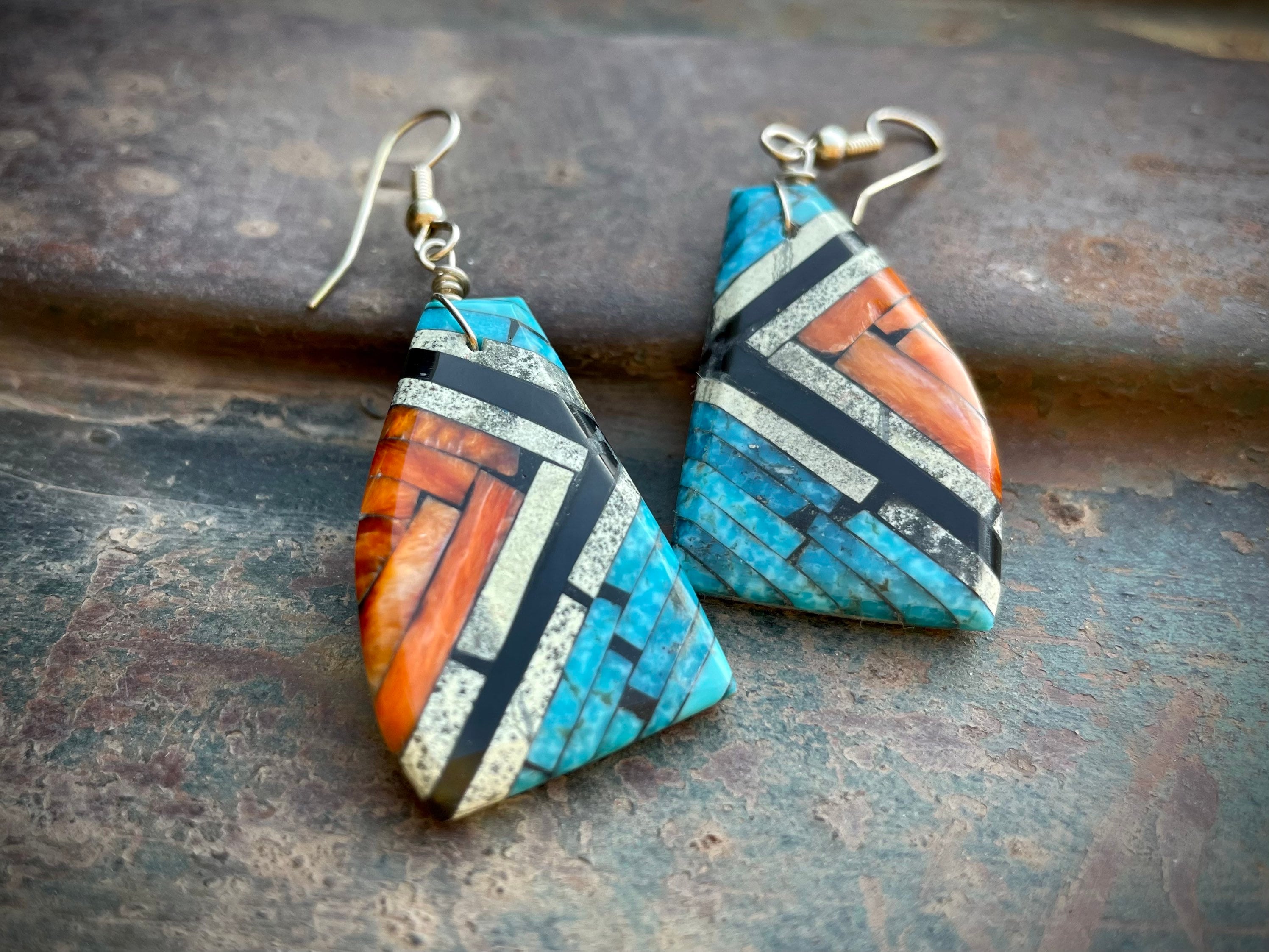 Turquoise Spiny Oyster Onyx Shell Slab Inlay Earrings, Santo Domingo ...