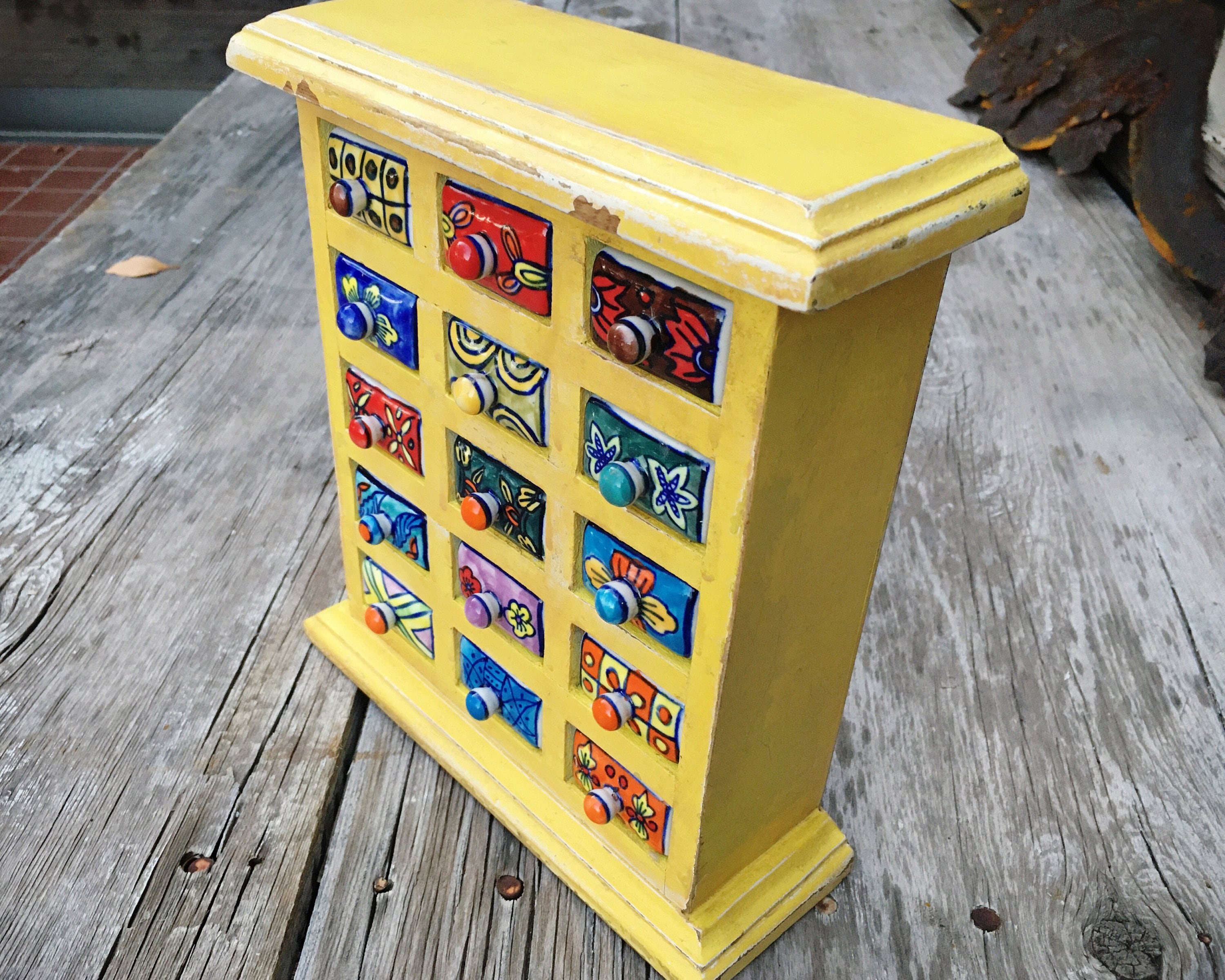 Yellow Painted Wood Box with Ceramic Mini Drawers, Jewelry Storage ...