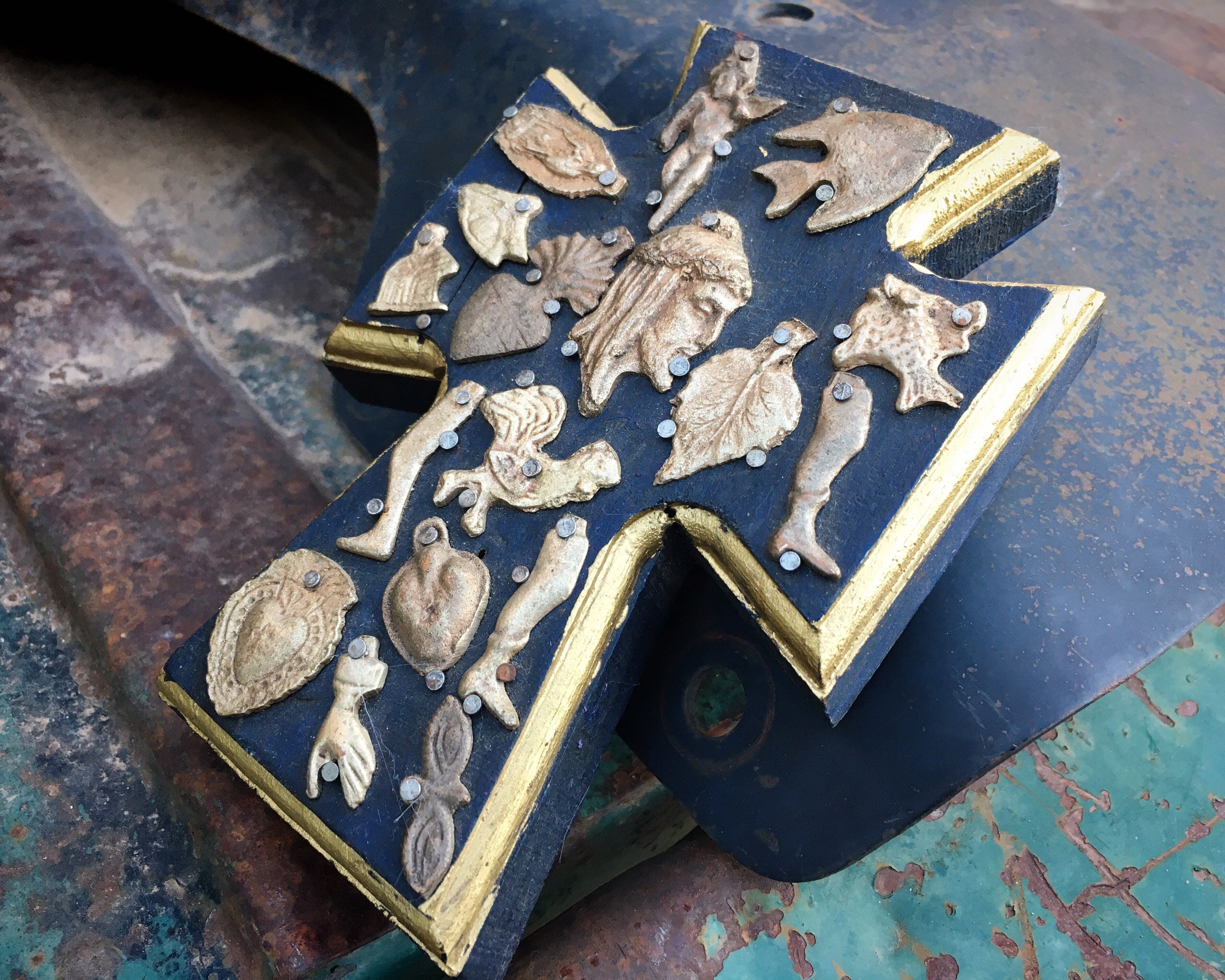 Small Mexican Milagro Wall Cross with Milagros Amulets, Lucky Charm ...