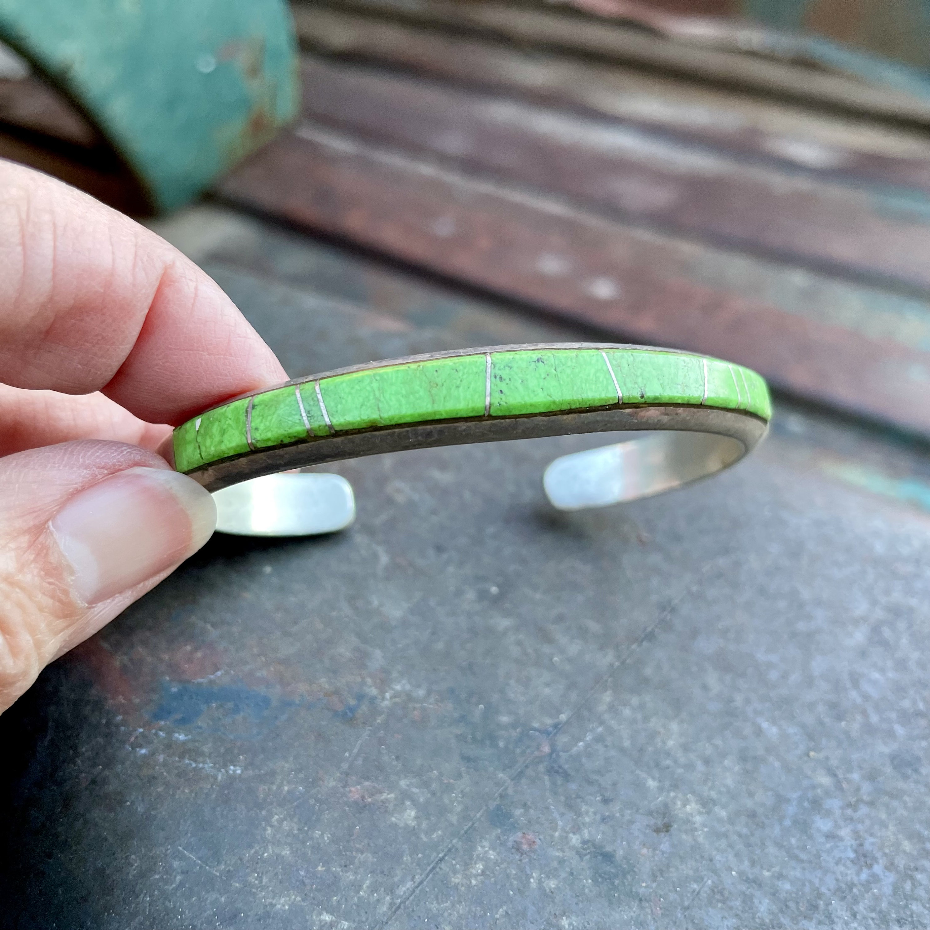 Vintage Green Gaspeite Sterling Silver Inlay Cuff Bracelet Size 6.75 by ...