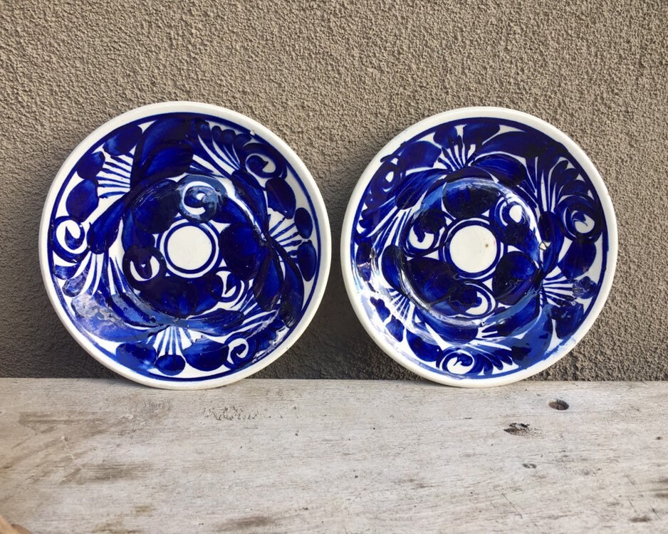 Two Talavera Saucers or Salad Plates Blue and White Mexican Pottery ...