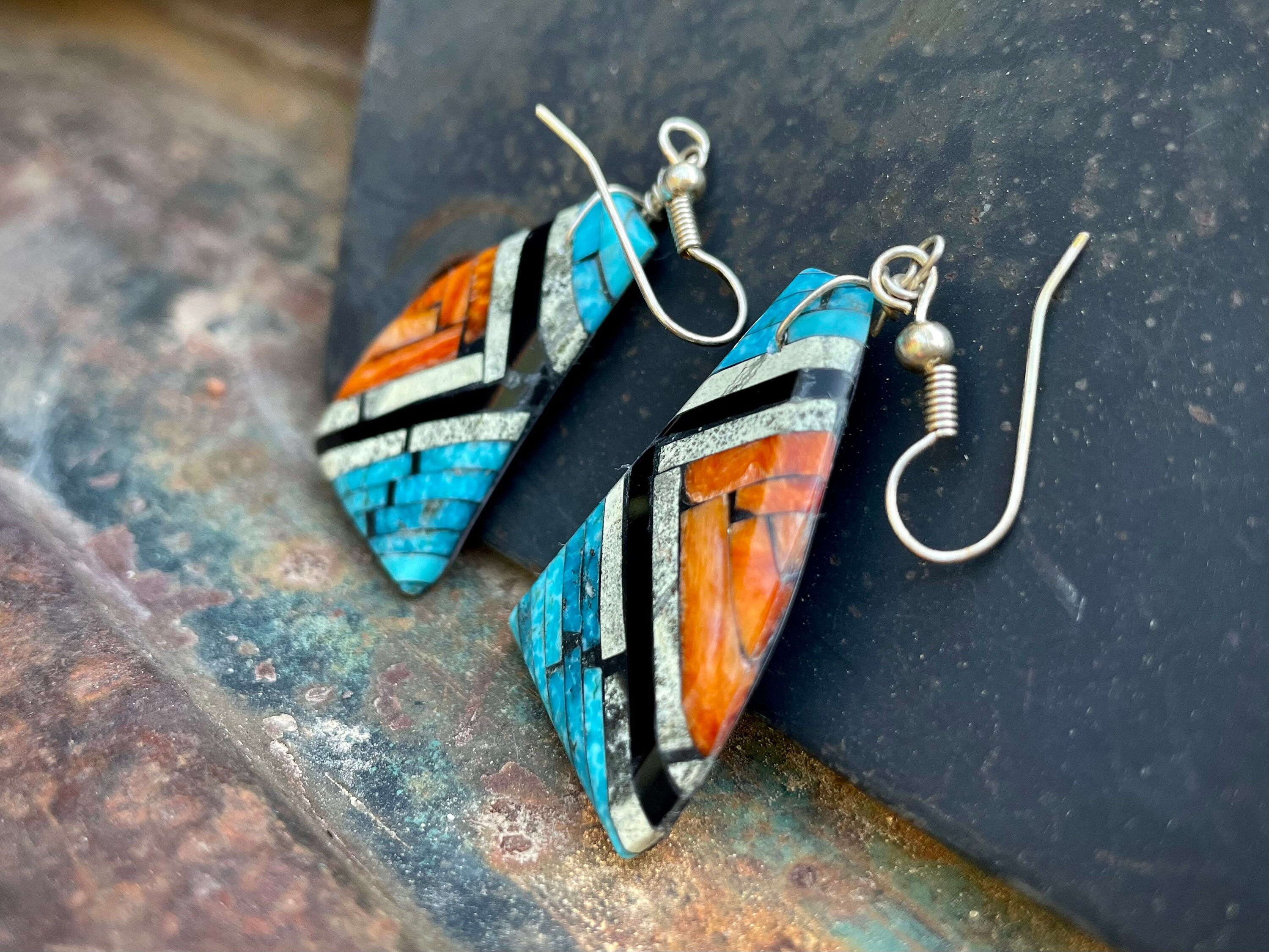 Turquoise Spiny Oyster Onyx Shell Slab Inlay Earrings, Santo Domingo ...