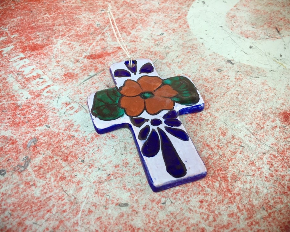 Small Tonala Pottery Cross Ornament Christmas, Mexican Decor ...