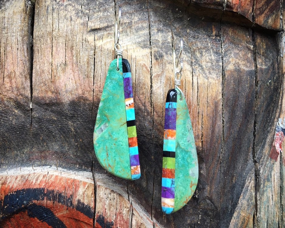Long Multicolor Turquoise Slab Earrings Santo Domingo Earrings, Native ...
