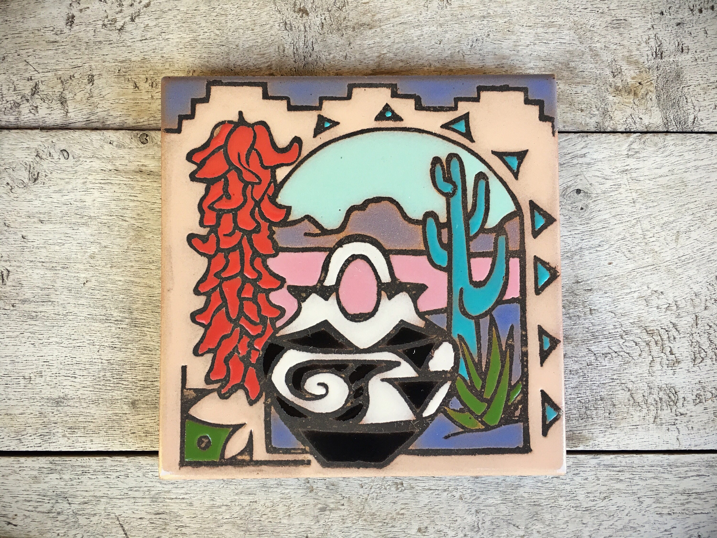 Southwestern Ceramic Tile Hot Plate Trivet Cactus Decor Santa Fe Style