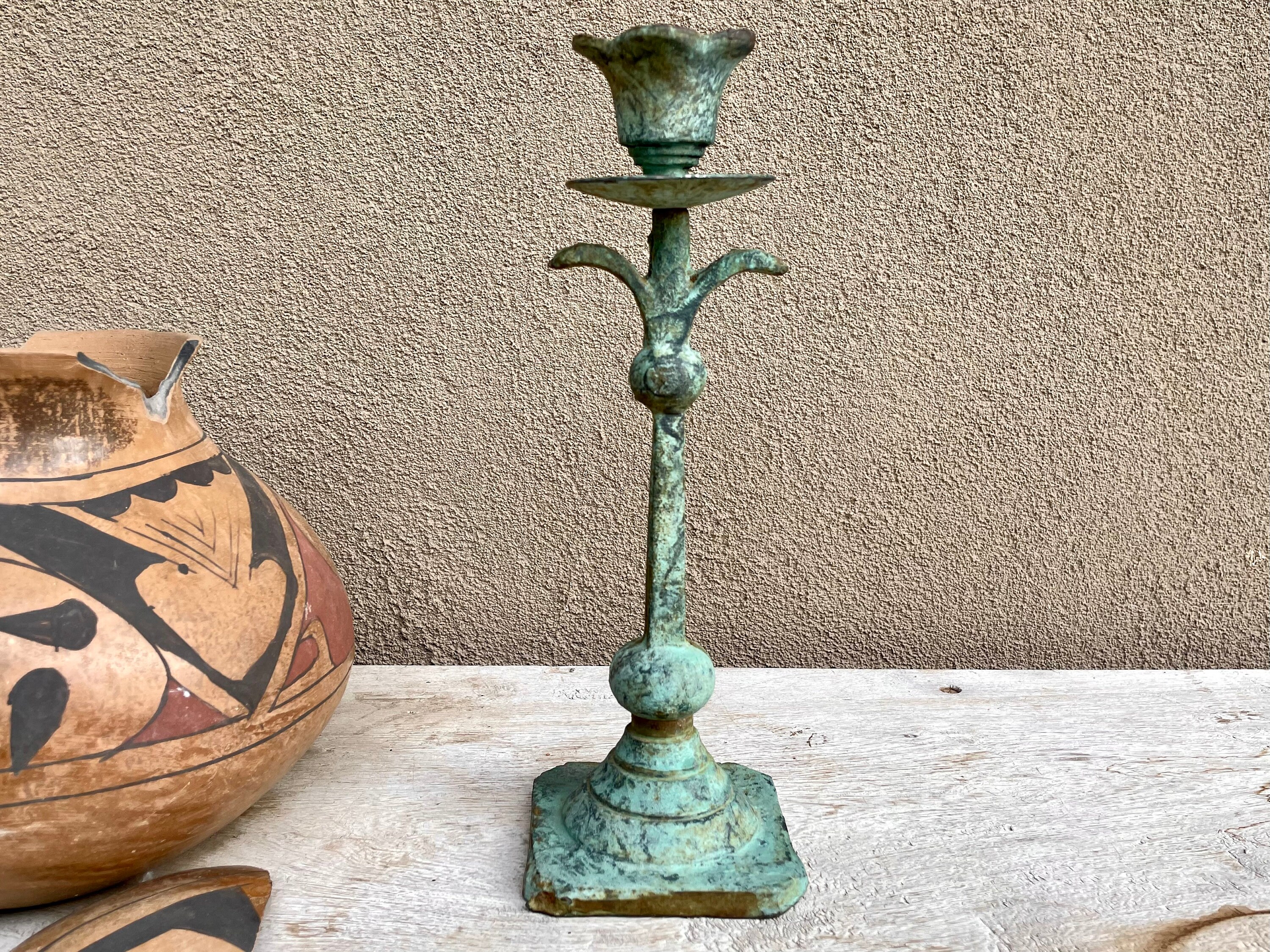 Single Vintage Verdigris Metal Flower Candlestick Candle Holder, Copper ...