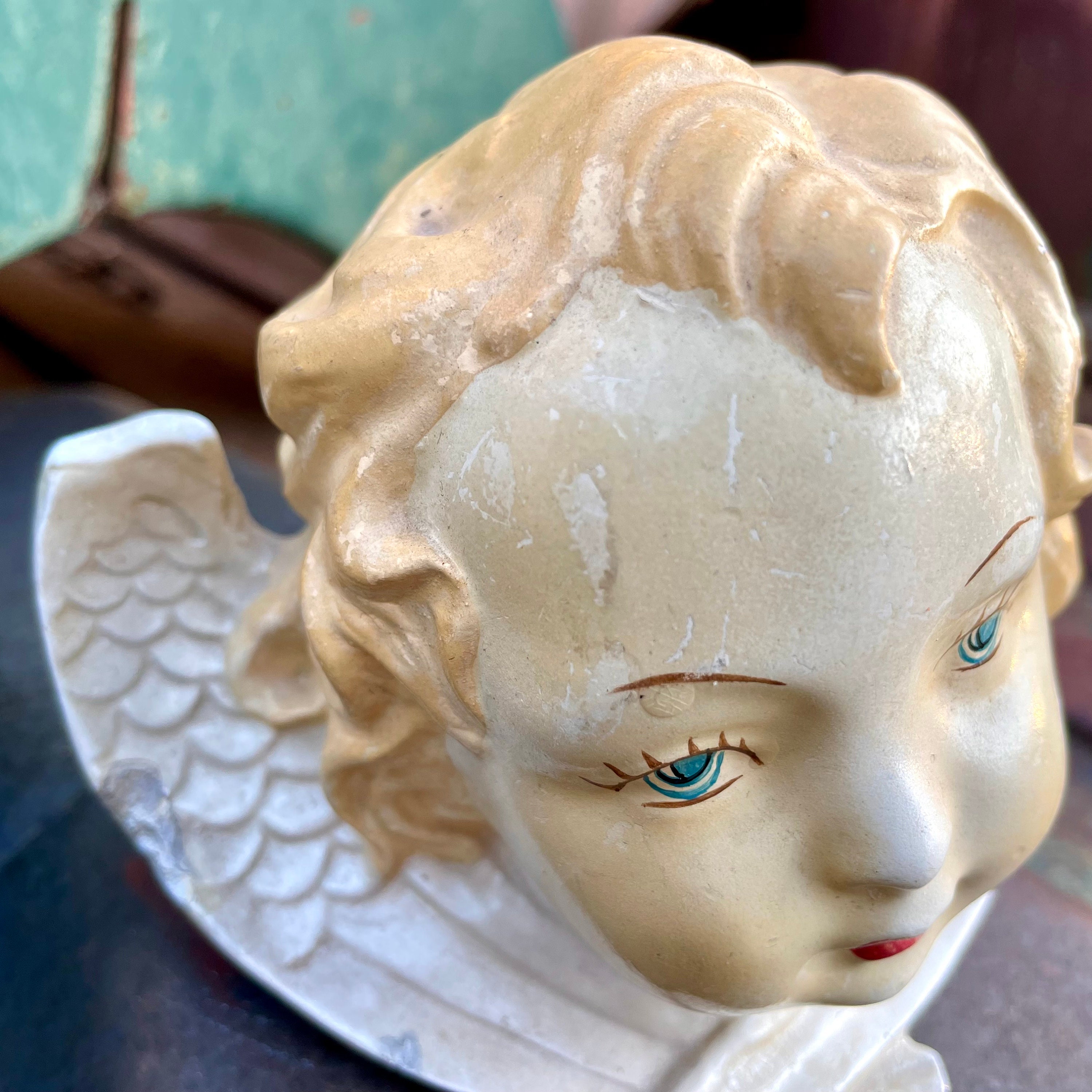 Vintage Distressed Plaster Ceramic Winged Angel Figurine Hand-Painted ...