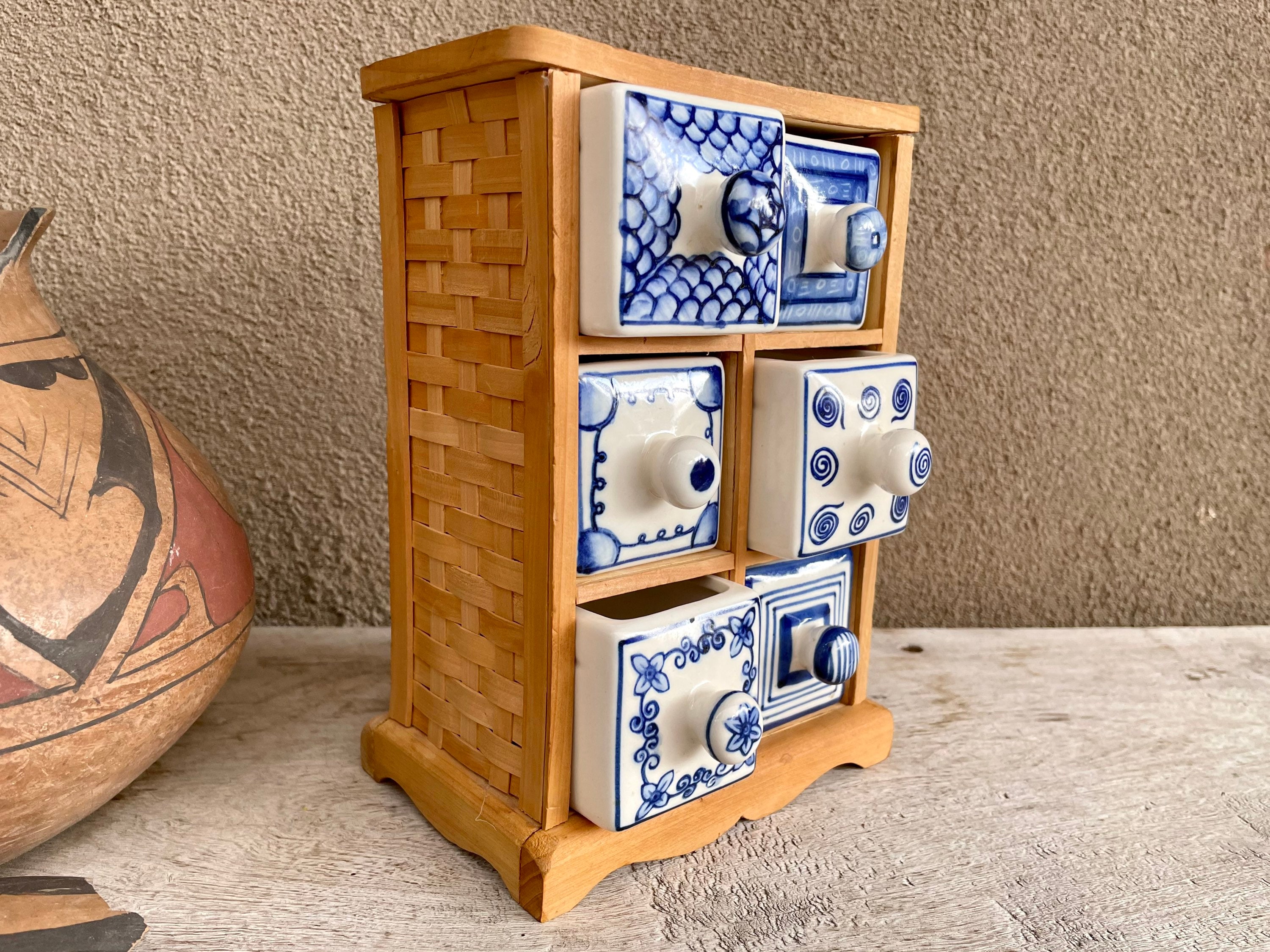 Mini Cabinet w/ Six Blue-White Ceramic Drawers in Wicker Frame, Vintage ...