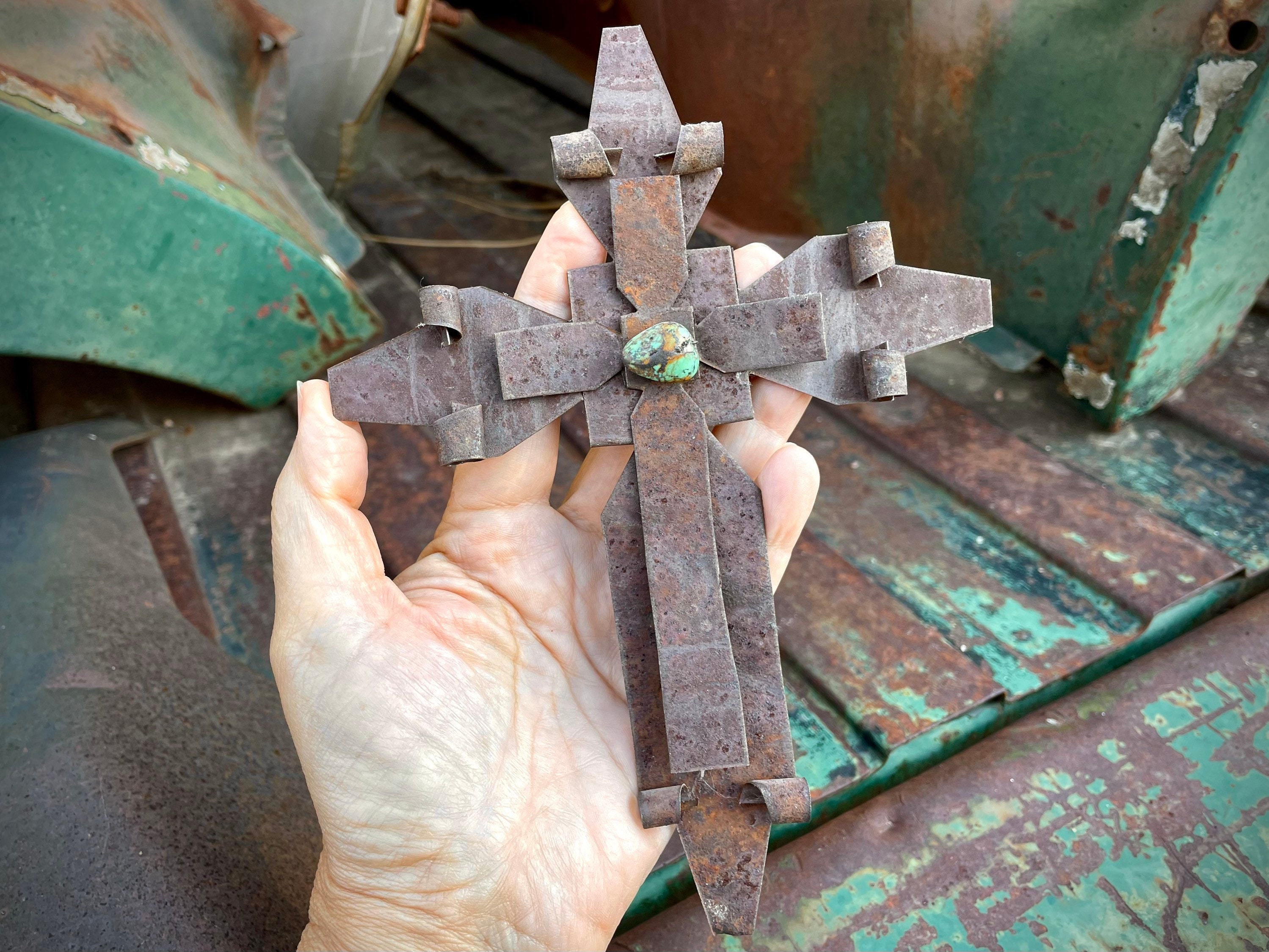 Vintage Old Rusty Tin Cross 8 Tall with Turquoise Stone, Made of ...