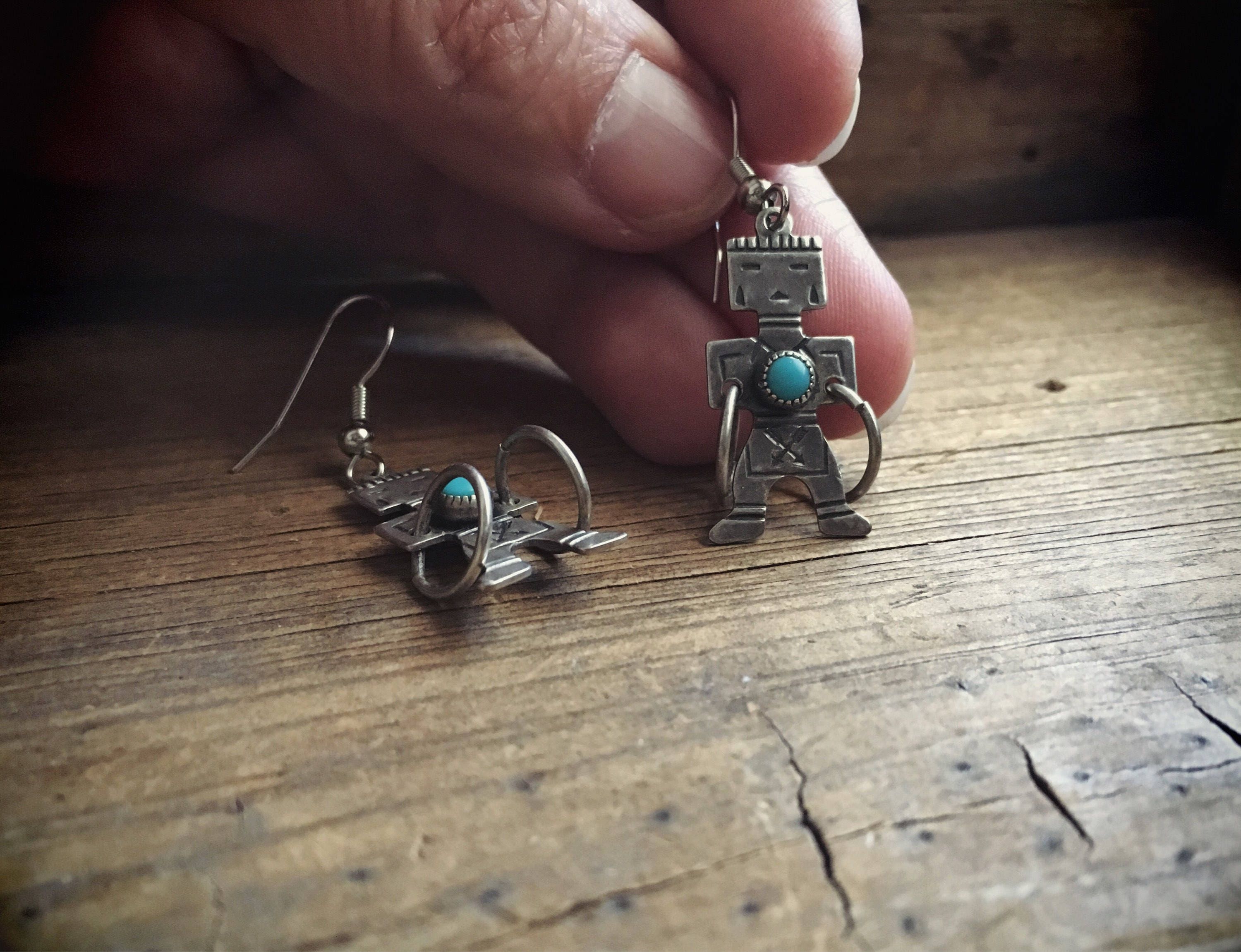 Fred Harvey Era Silver Turquoise Earrings Yei Symbol, Kachina Jewelry ...