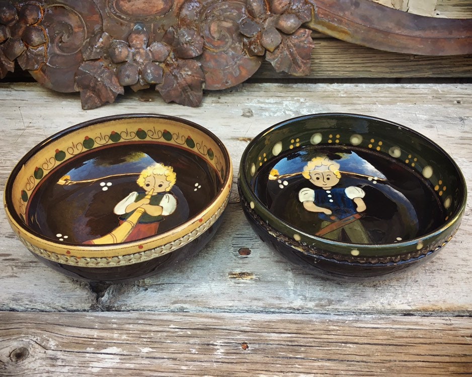 Two Vintage Kohler Biel Handarbeit Switzerland Folk Art Pottery Bowls ...