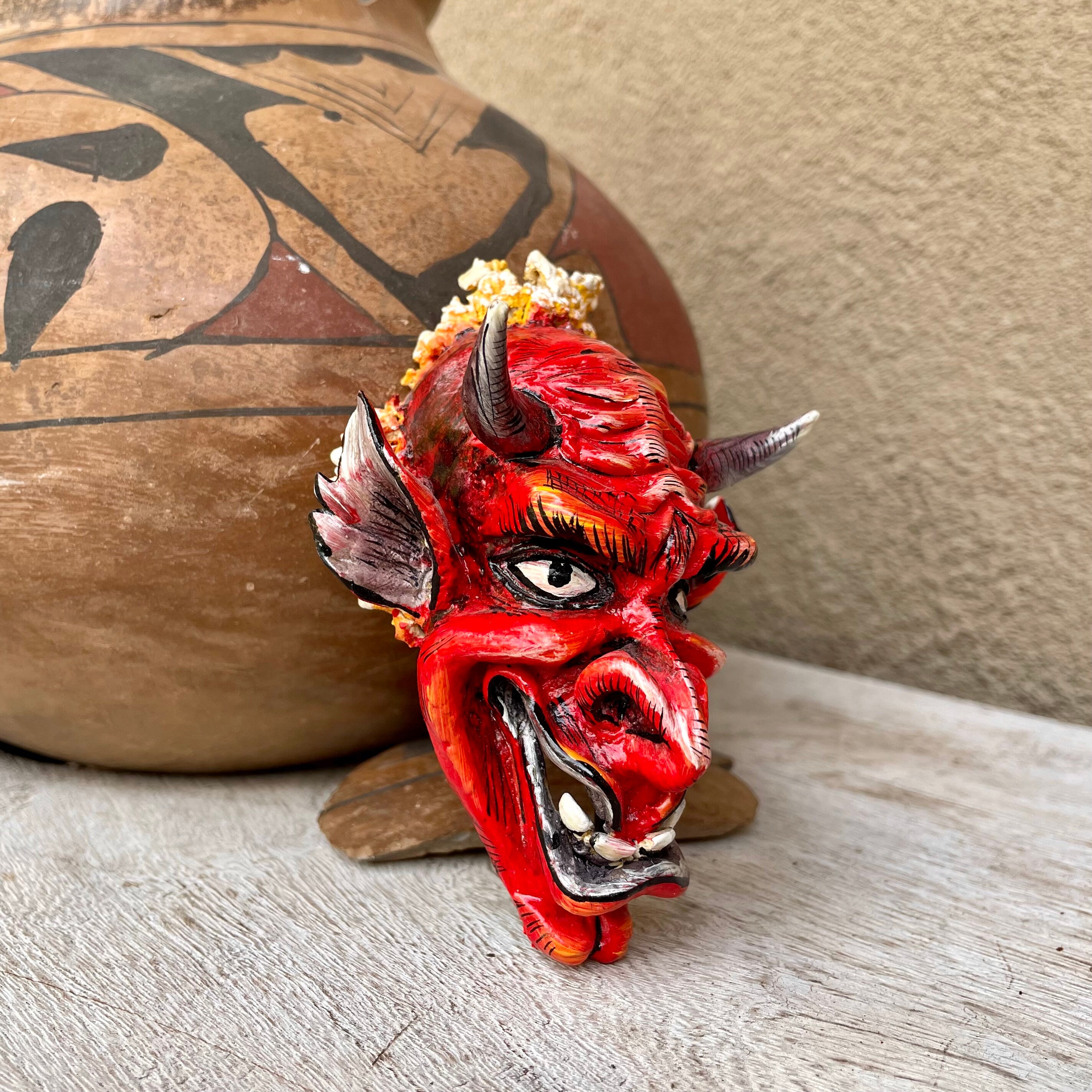 Vintage Peruvian Miniature Painted Clay Mask of Red Demon, Day of the ...