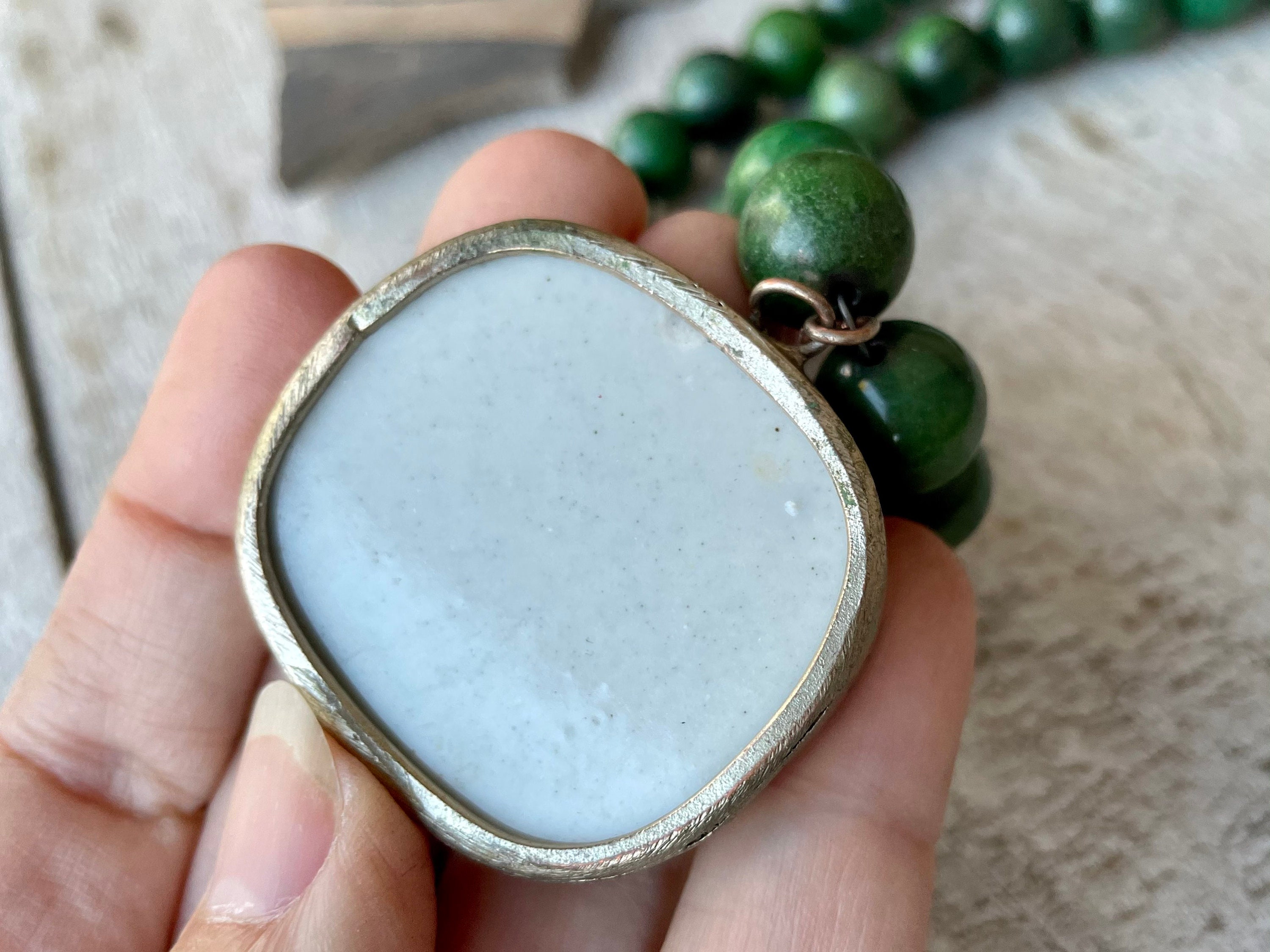 Vintage China Porcelain Shard Pendant with Marbled Green Jasper Bead ...