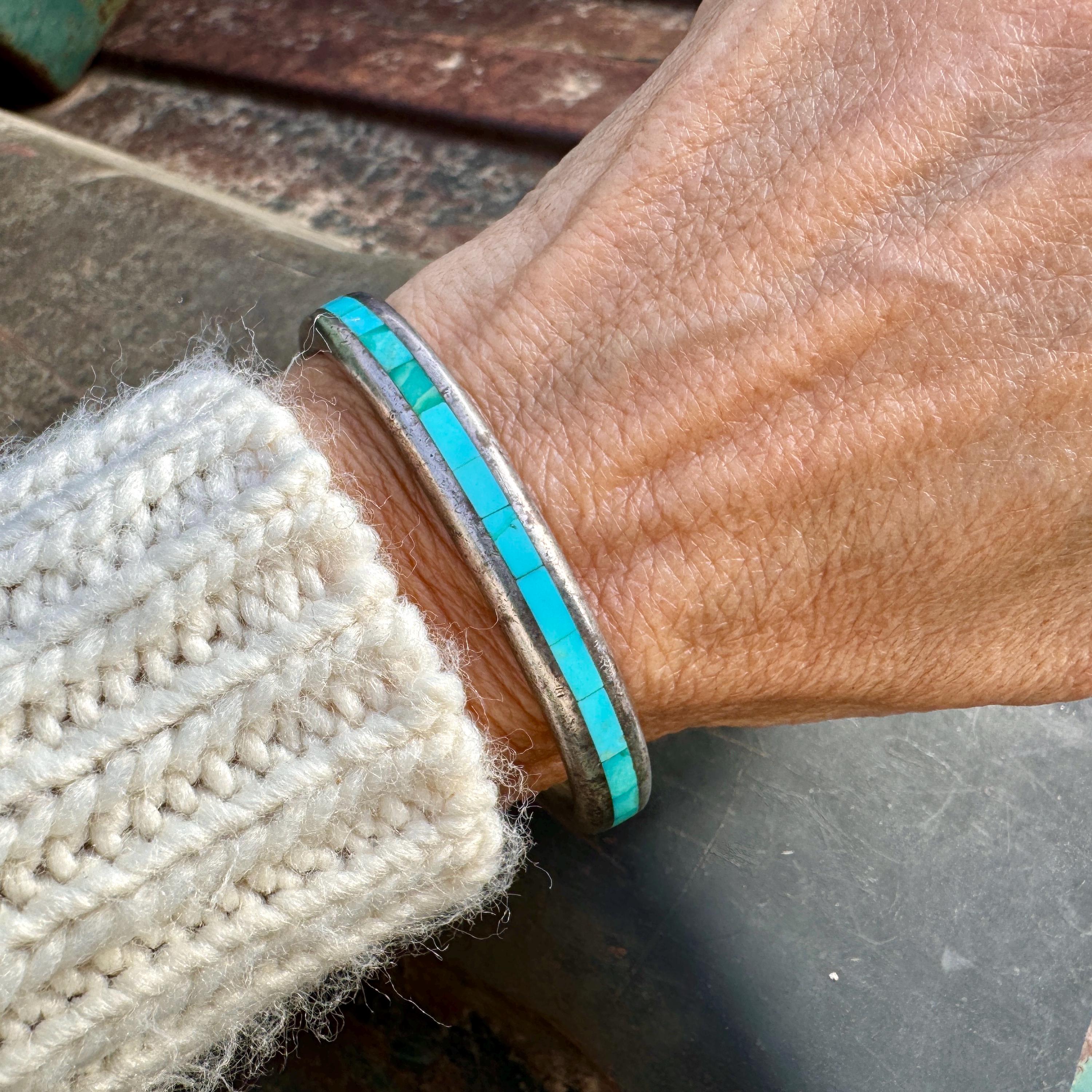 Heavy Vintage Turquoise Flush Inlay Narrow Cuff Bracelet Approx Size 6 ...