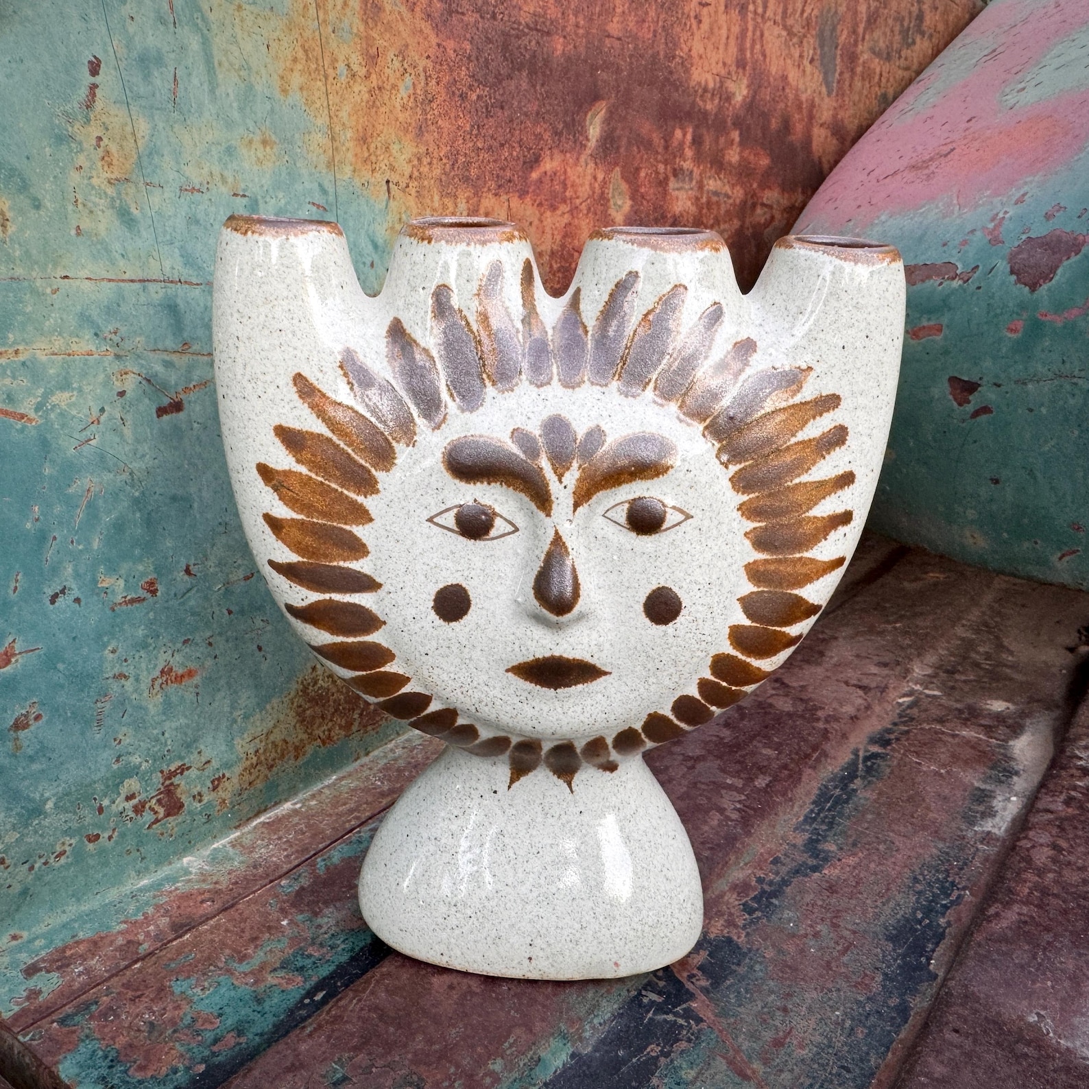 Midcentury Tonala Pottery Sun Face Candelabra in Jorge Wilmot Style ...