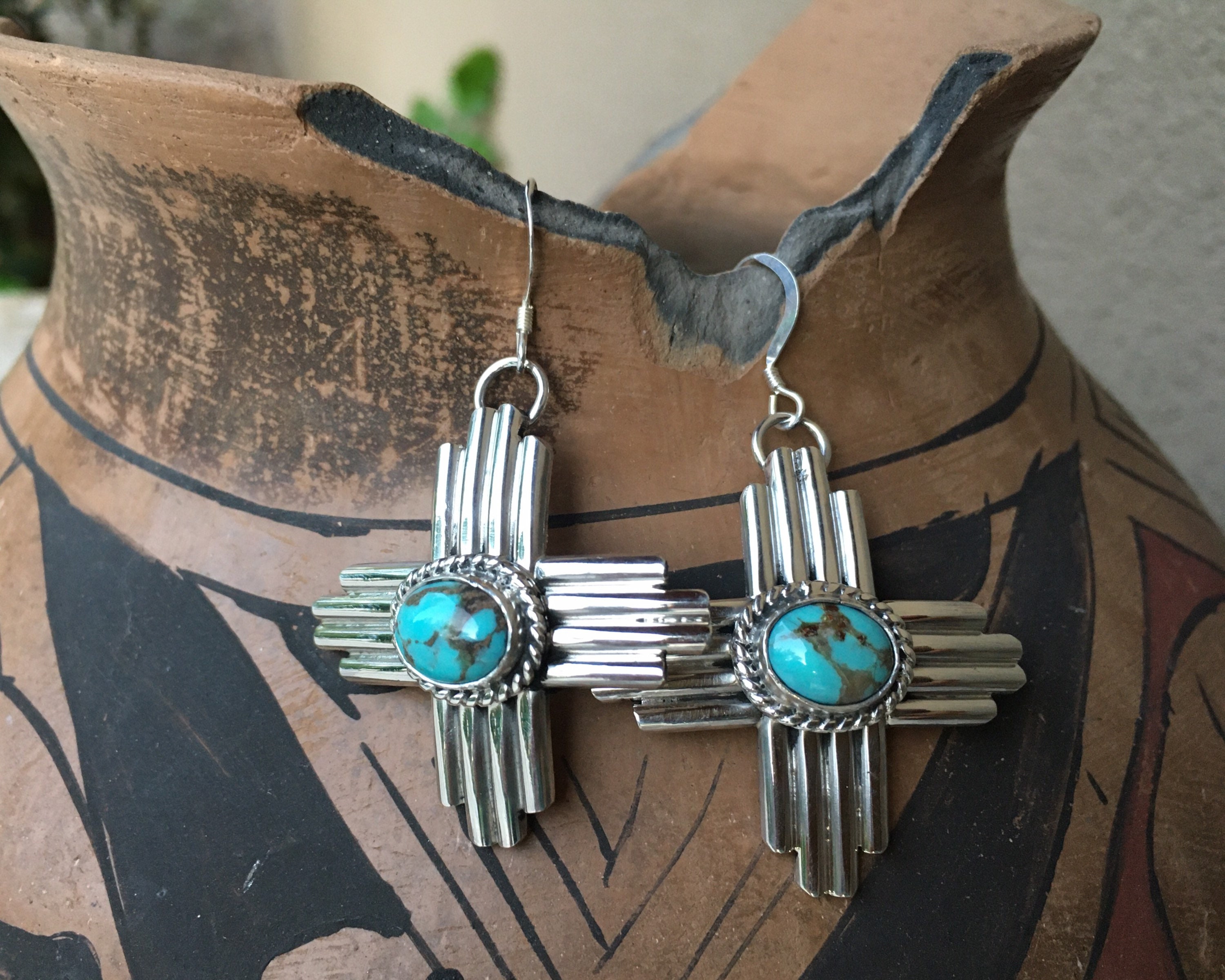 Matrixed Turquiose Earrings Sterling Silver Zia Cross, Navajo Robert ...