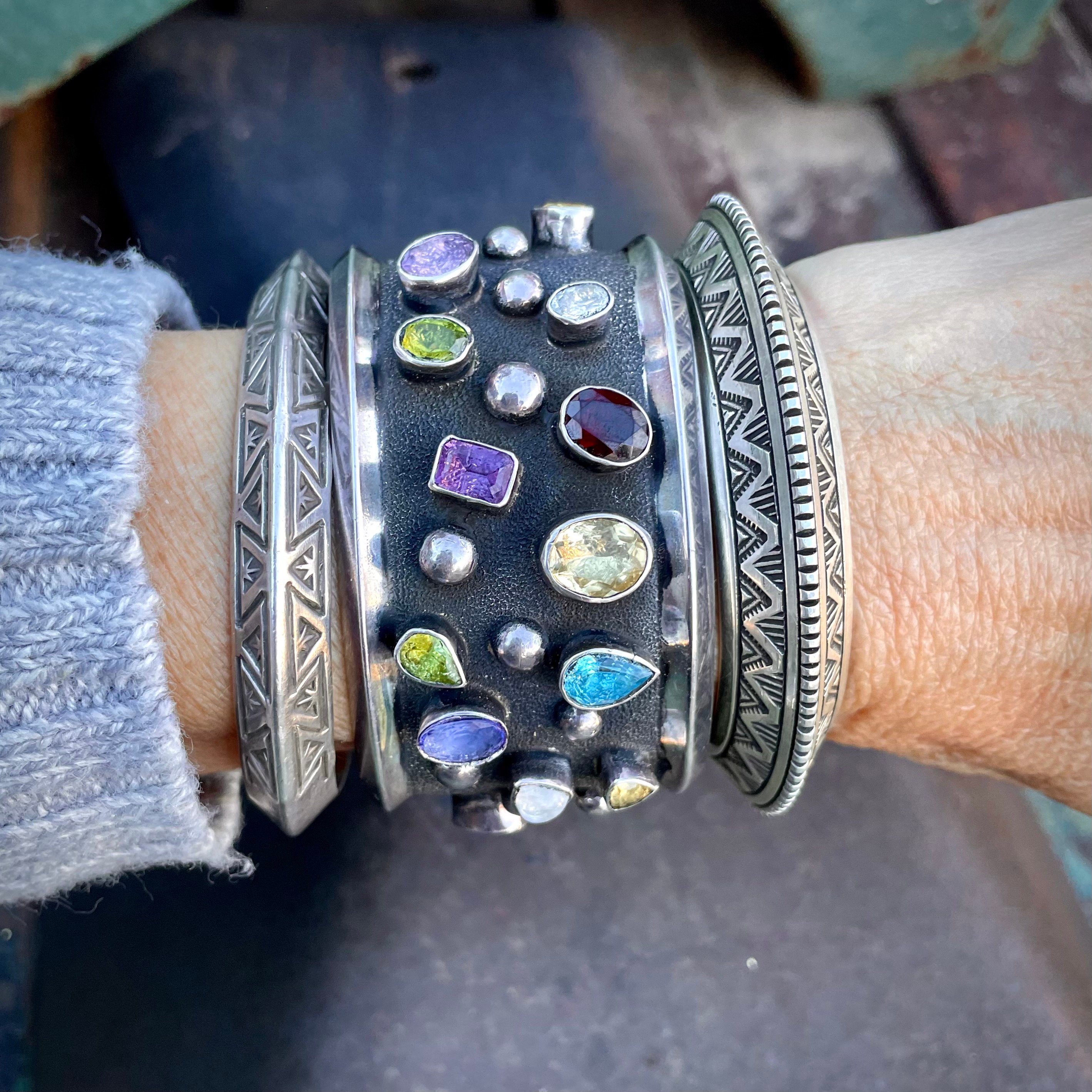 Sterling Silver Multi-Gemstone Cuff Bracelet by Navajo Chimney Butte ...