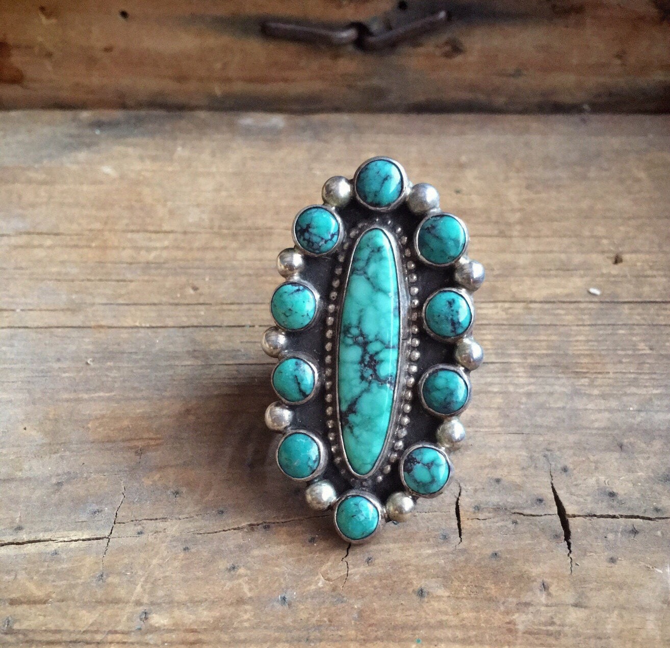 Large vintage turquoise ring sterling silver cluster design ...