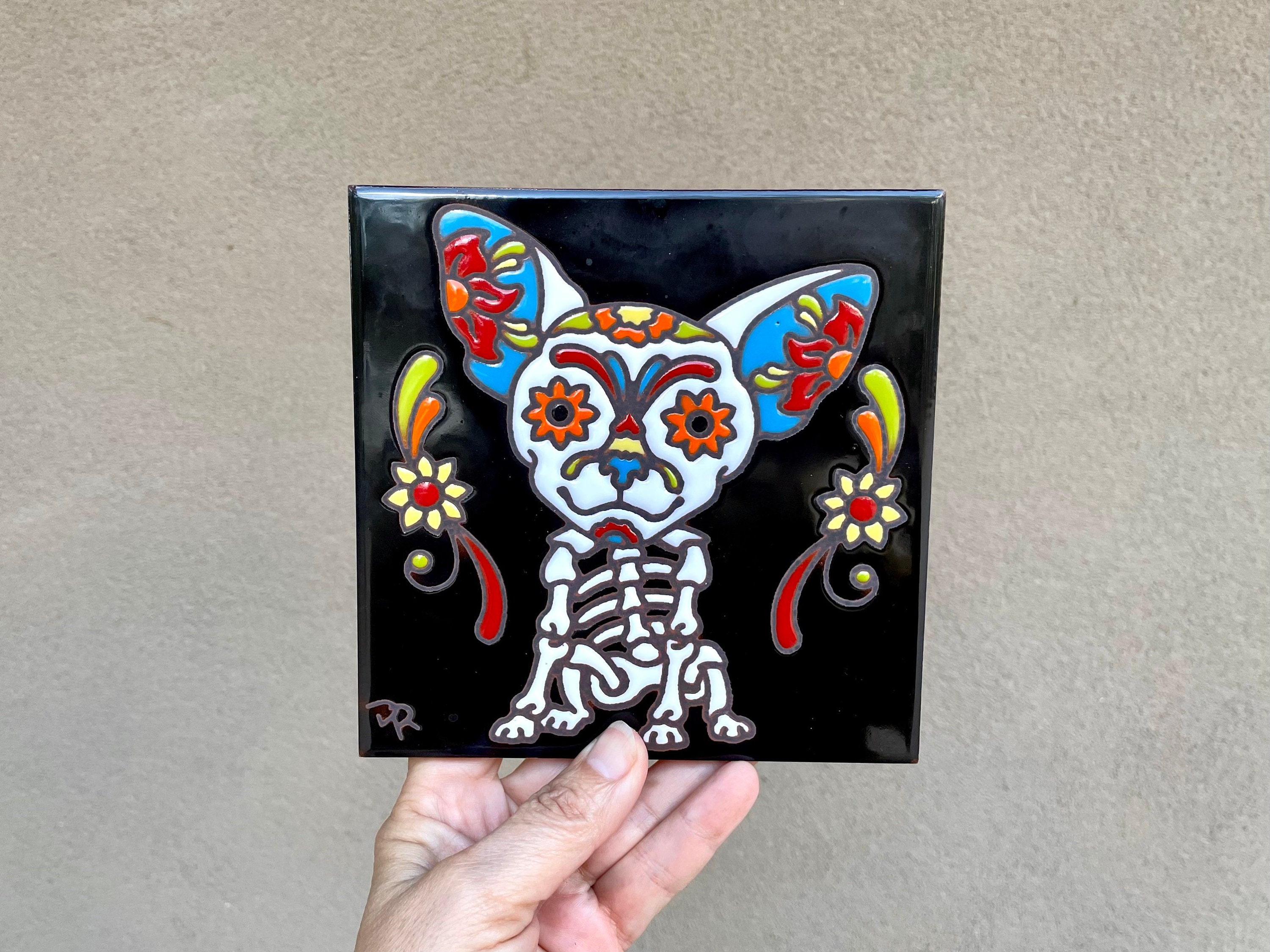 Vintage Chihuahua Dog Calavera Ceramic Tile Trivet Just Under 6x6 ...