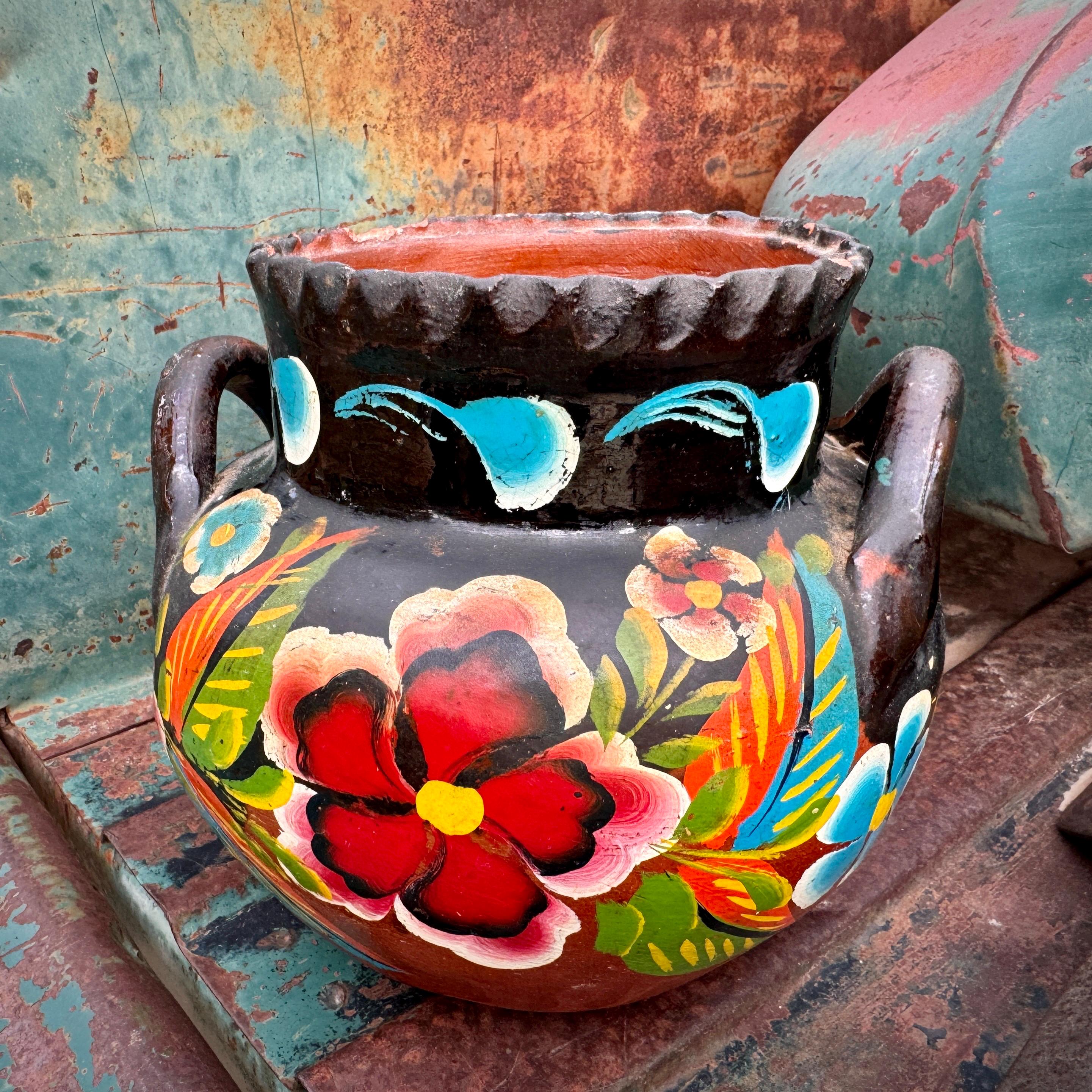 Old Mexico Redware Colorful Painted Pottery Jar w/ Handles ...