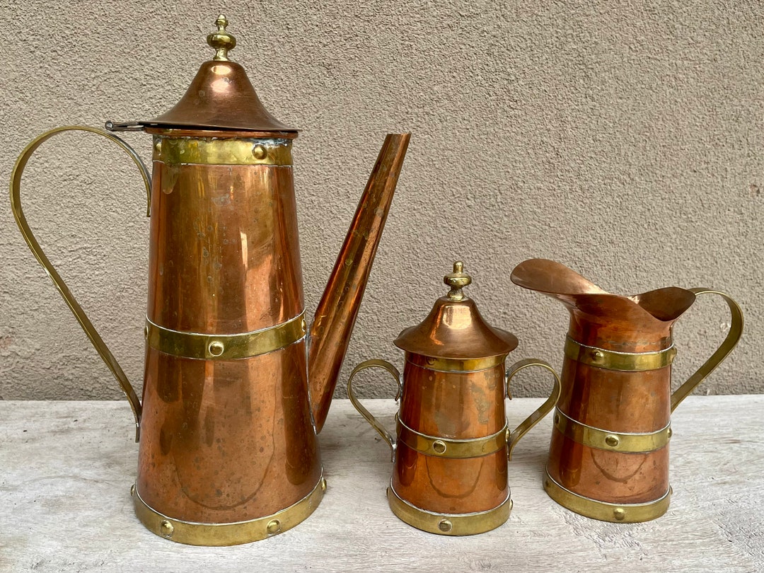 Antique Copper Coffee Pot Set With Brass Bands Mission Era, Matching ...