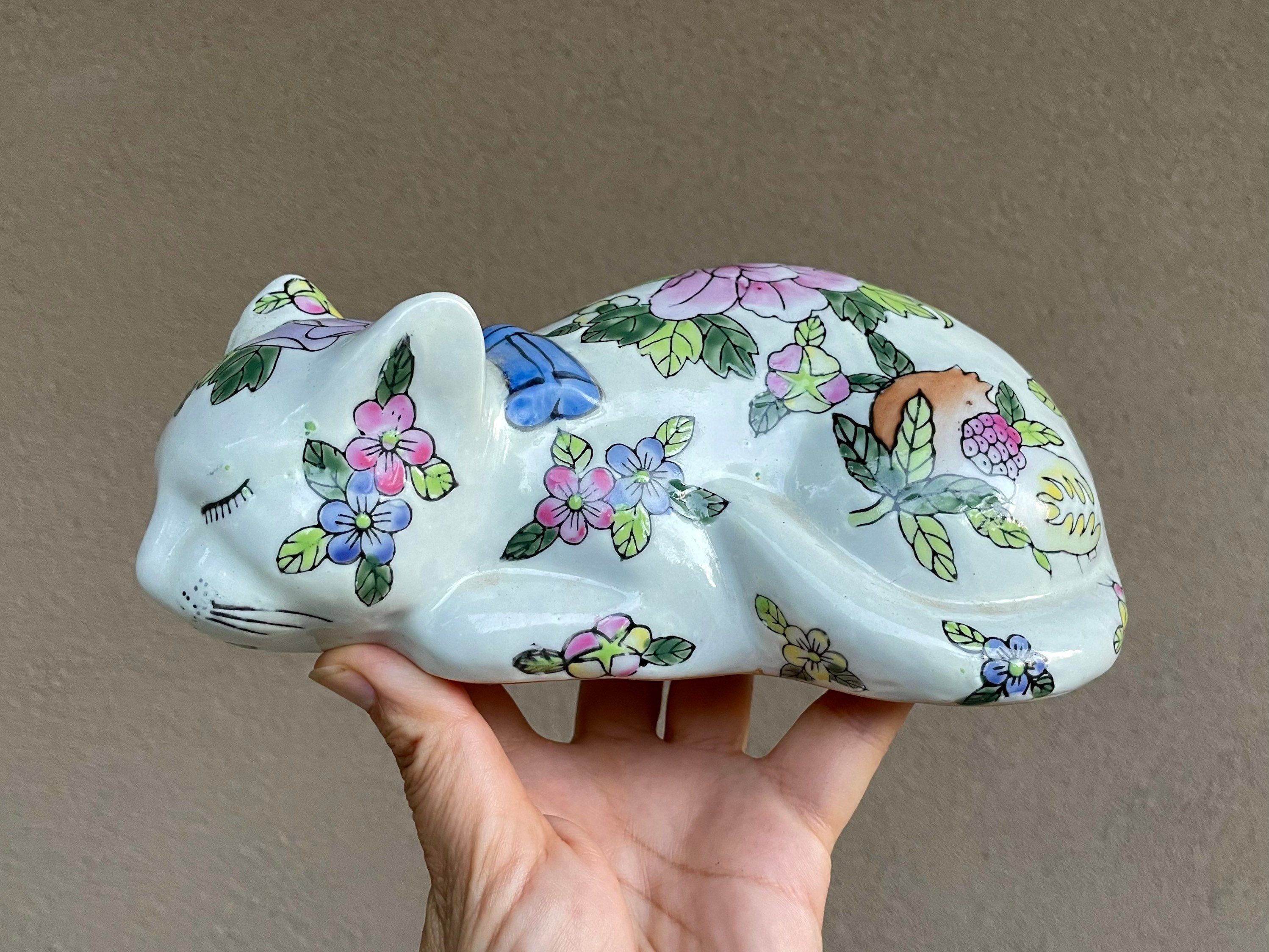 Vintage Chinese Sleeping Cat Hand Painted Porcelain Figurine Pink Green ...