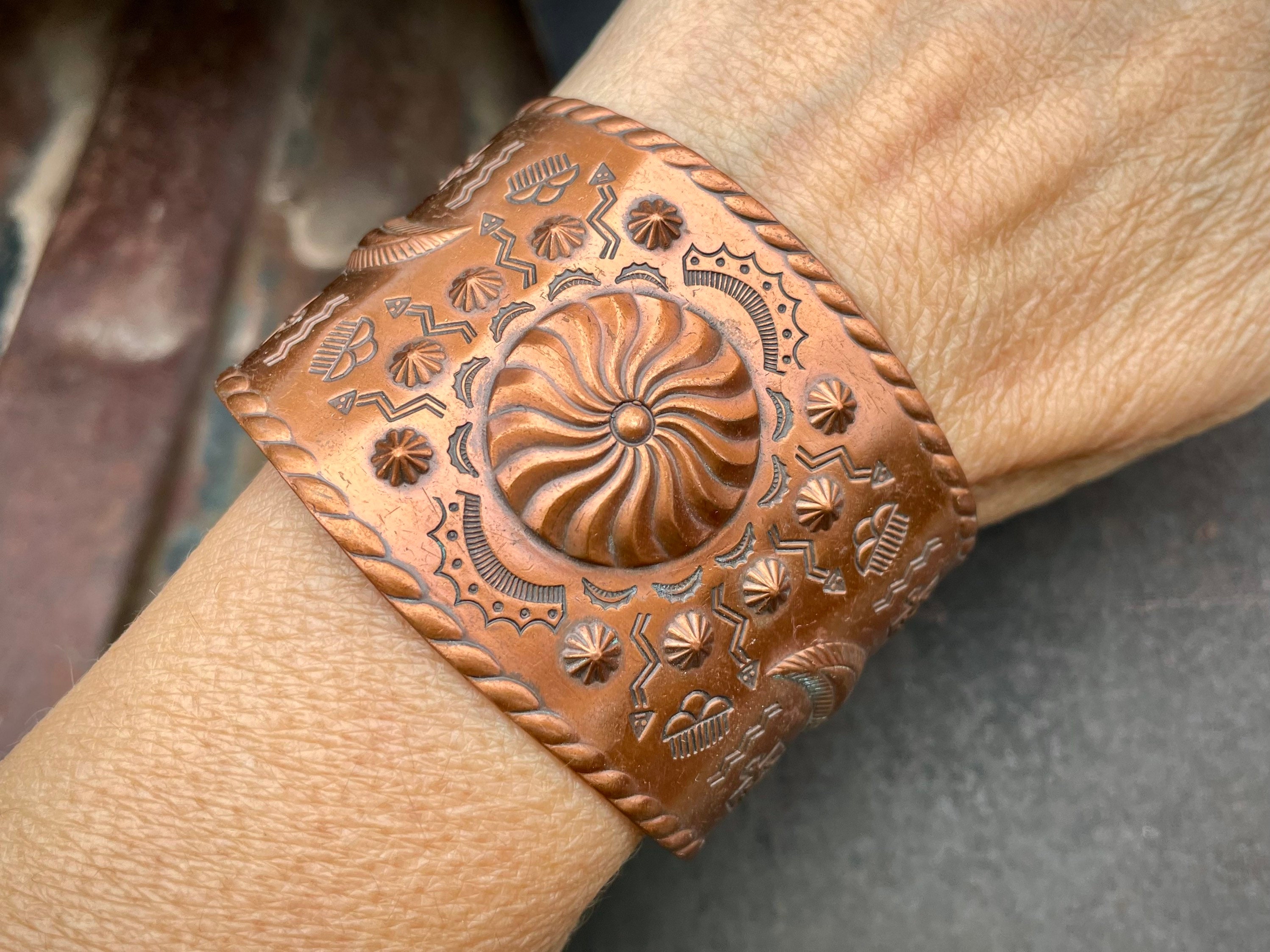 Vintage Bell Trading Stamped Copper Bracelet w/ Fred Harvey Era Symbols ...