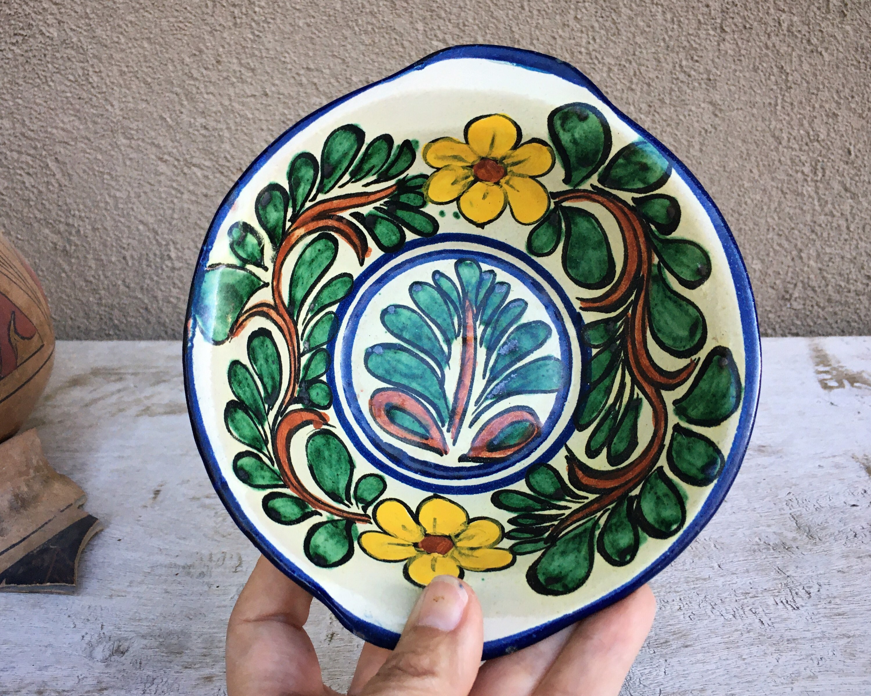 Vintage Mexican Talavera Pottery Bowl Trinket Dish 6 Blue and Yellow ...